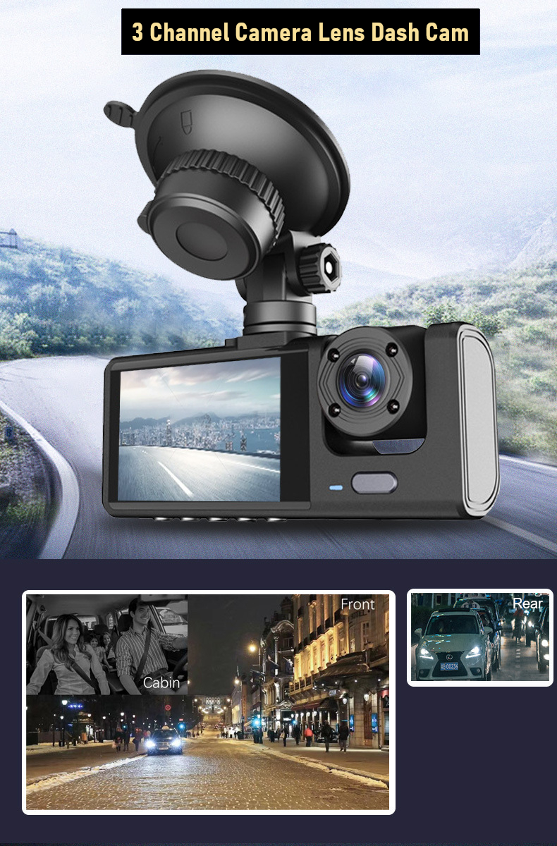 HD 1080P 3 Channels Car Dash Cam Three Cameras Front Rear Inside ...