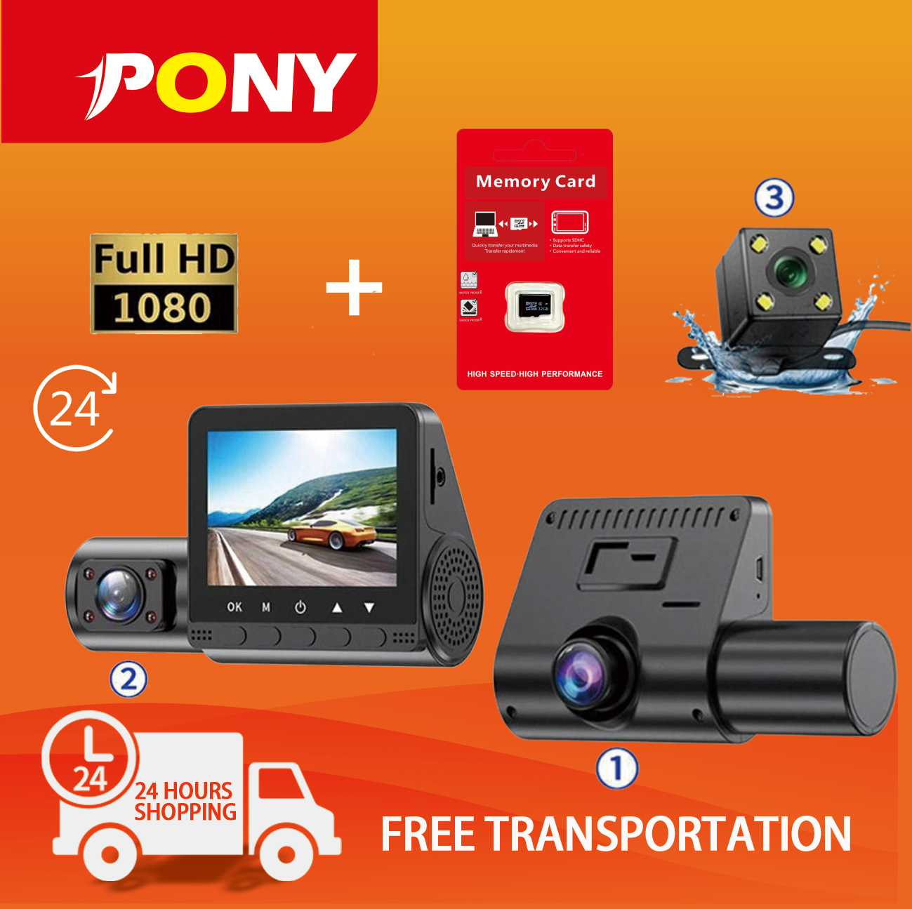PONY 3 Channel Car Mini Dashcam 3-Len HD 1080P Dash Cam Front and Rear ...