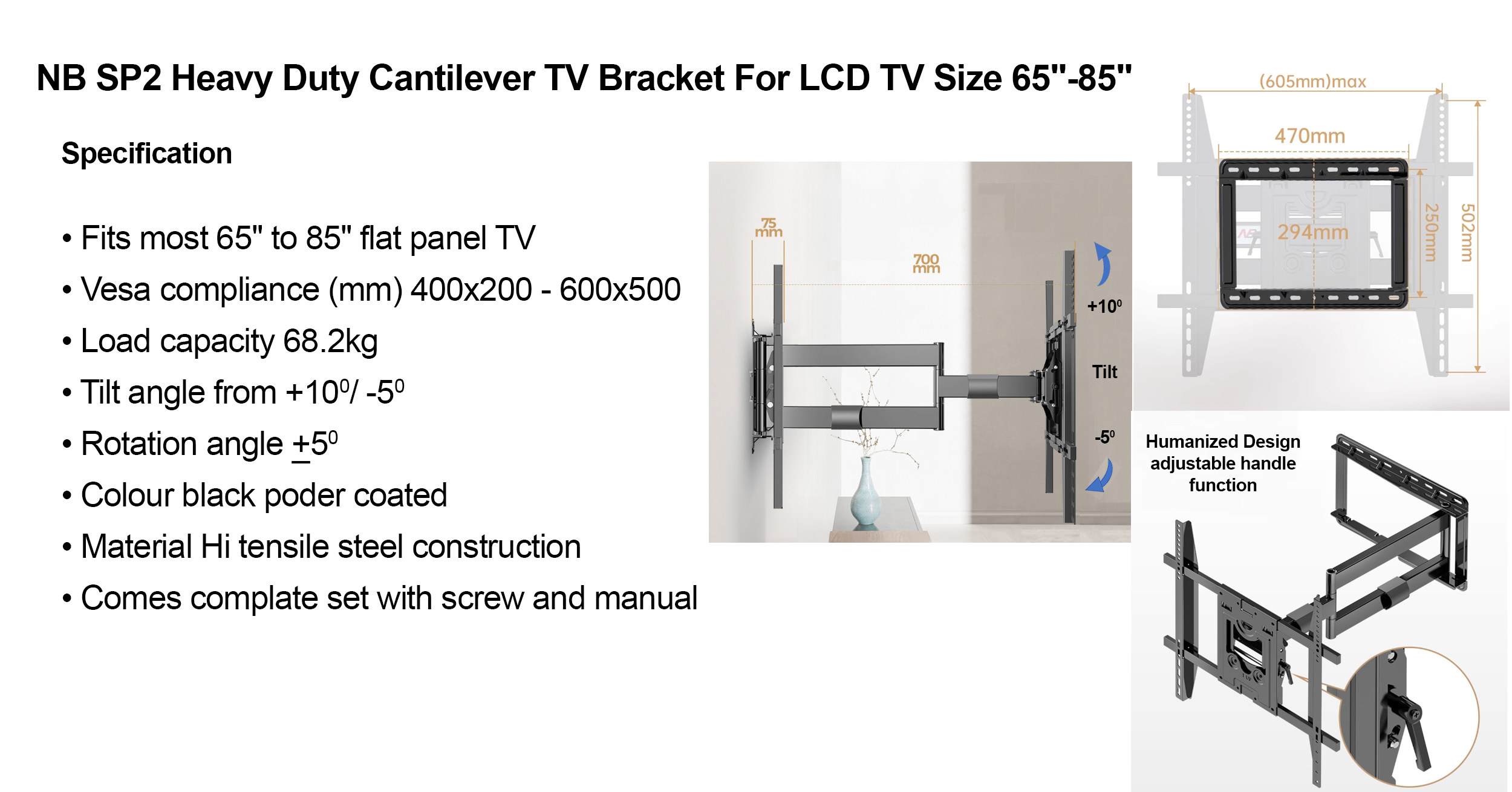 NB SP2 Heavy Duty Cantilever TV Bracket For LCD TV Size 65"-85 ...