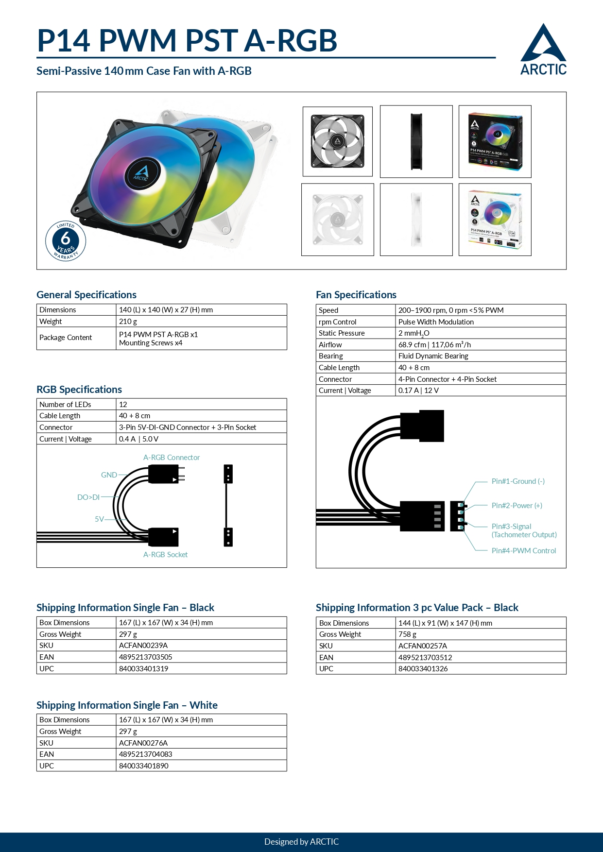 ARCTIC P14 PWM PST A-RGB 140mm A-RGB PWM FAN WITH CABLE SPLITTER (BLACK ...
