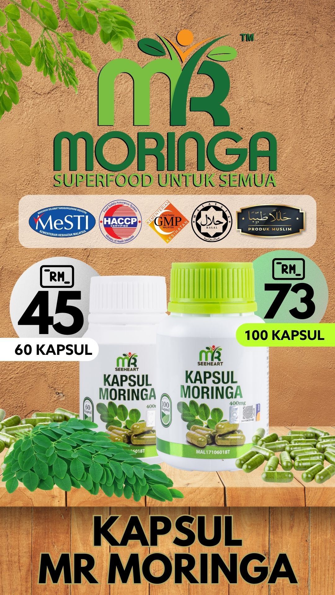 Moringa Oleifera Premium Capsules 60/100 Kapsul 400mg Moringga / Kelor ...