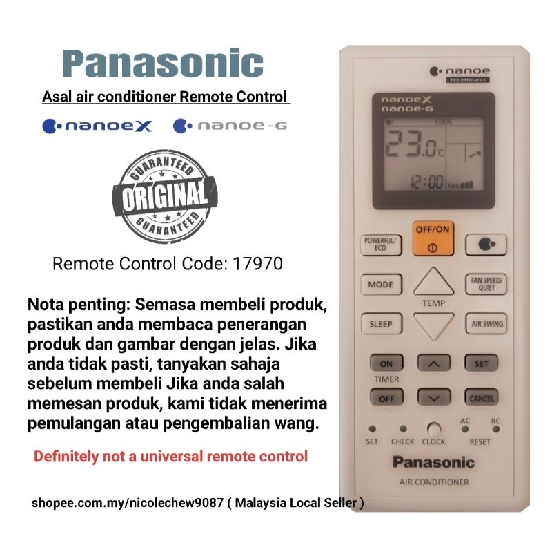 Original Panasonic nanoe-G nanoeX air conditioner Remote Control 17970 ...