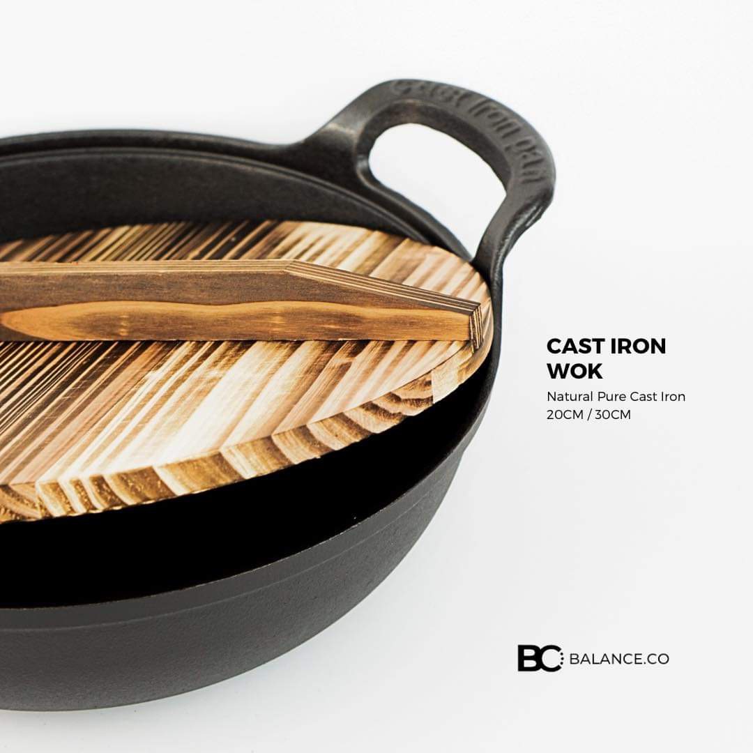 Balance.co Pure Cast Iron Ingot Wok with Wooden Lid Uncoated, Non-Stick ...