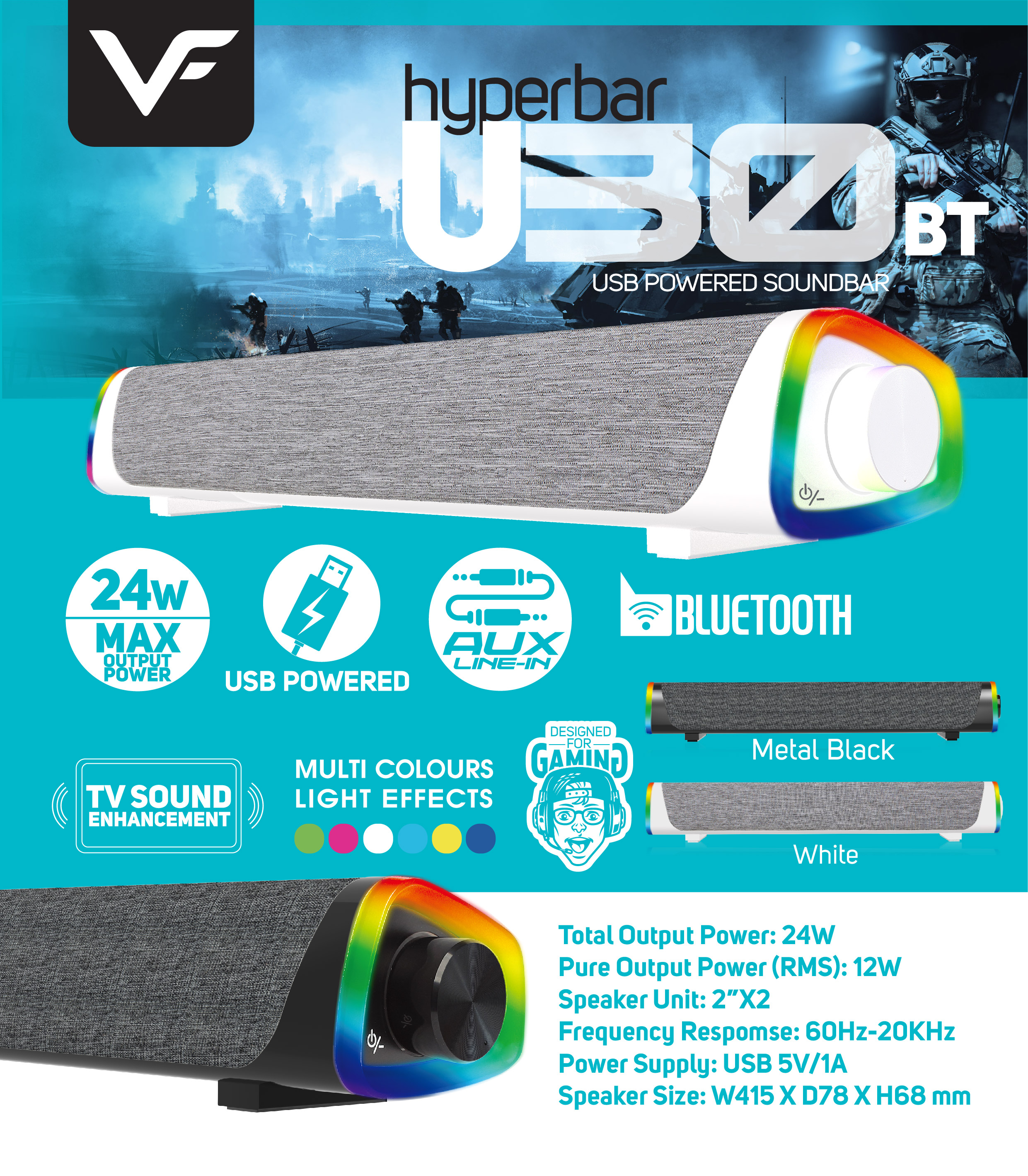 Vinnfier VF Hyperbar U30 BT USB Powered Soundbar with Led Light Bluetooth Aux Line In For Gaming ...