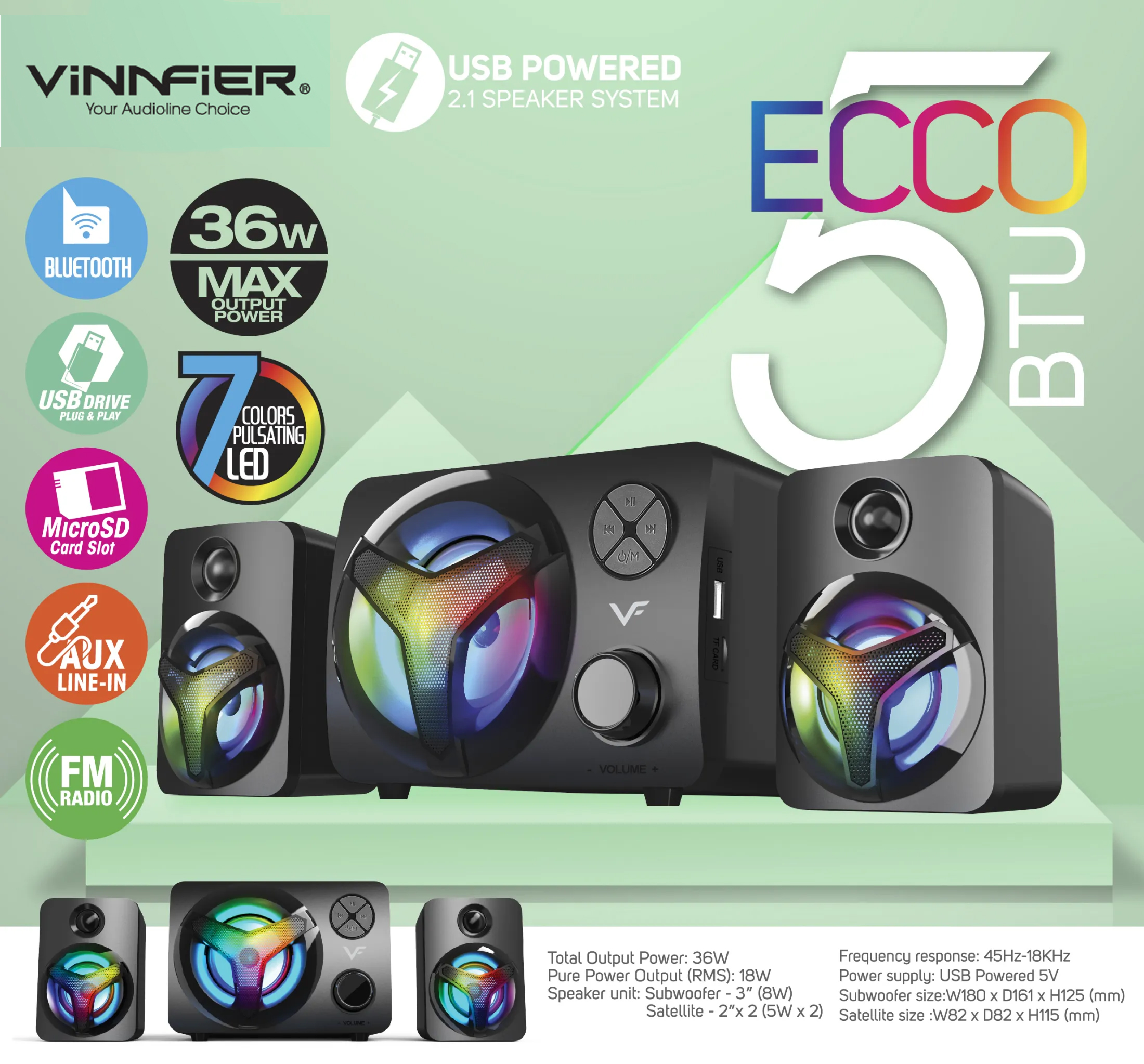 VINNFIER ECCO 5 BTU Bluetooth Wireless Computer PC Speaker with 36W, FM ...