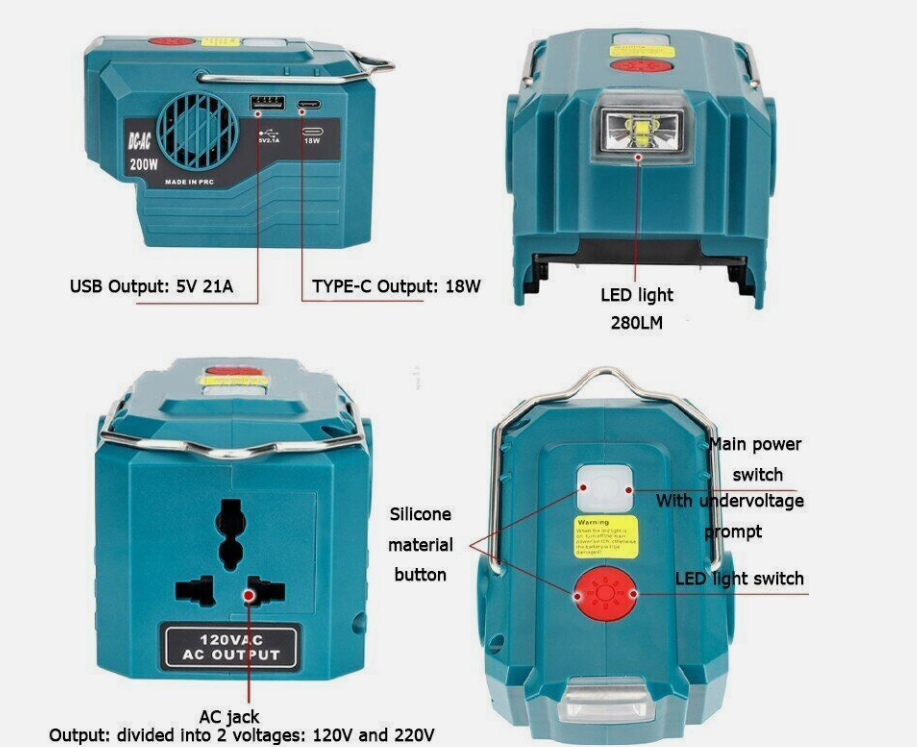 Milwaukee 200W DC AC Power Inverter Makita Dewalt Bosch M18 18V 20V ...