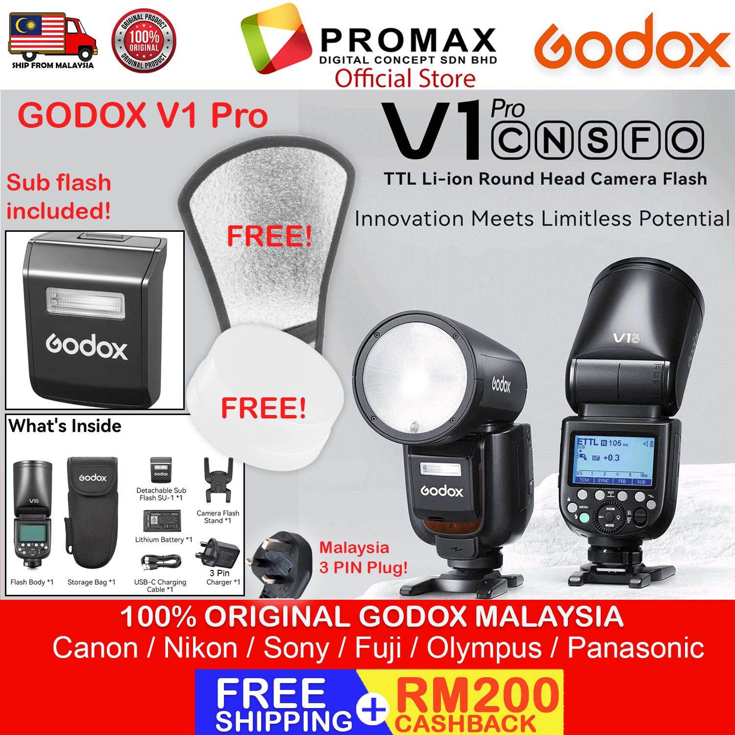 (Many Free Gift)!!Godox V1Pro V1 Pro V1C V1N V1S Flash Speedlight Round TTL Li-ion Round Head ...