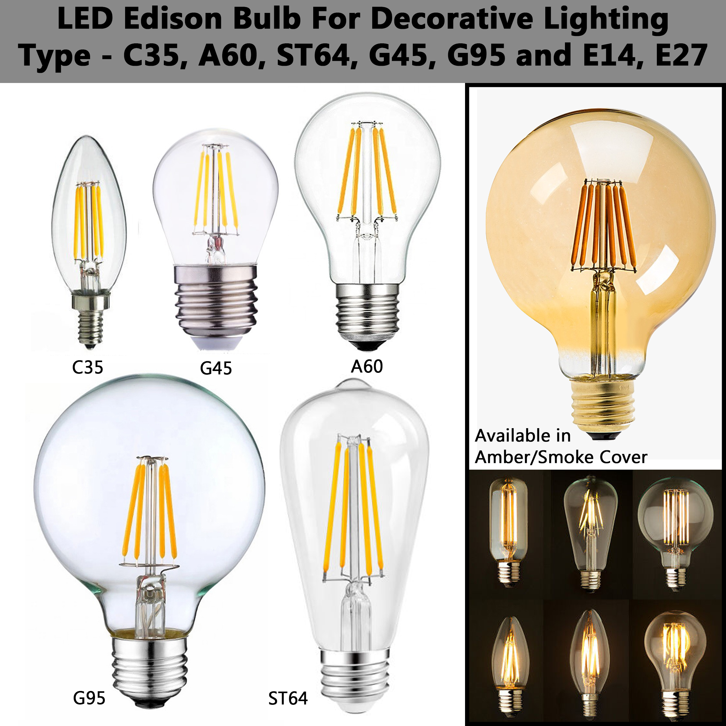3H Lampu Mentol Hiasan LED Edison E14/E27 4W/6W [S14/C35/A60/G45/G95 ...