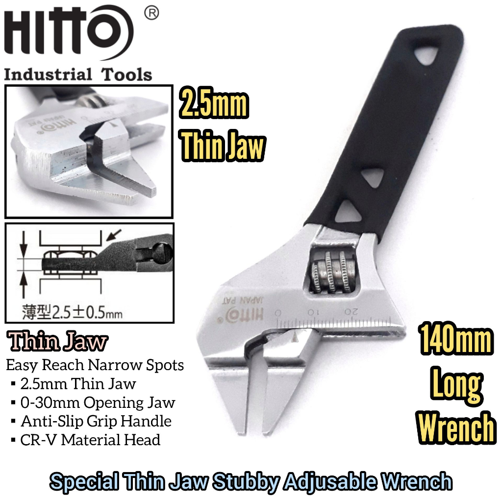 [ HITTO ] HAW-8SB Stubby & Thin Jaws Adjustable Wrench / Spana Hardened ...