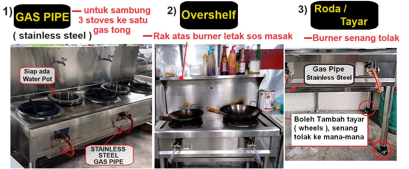 BURNER 3 TUNGKU KUAT API 6 KAKI/180CM KWALI RANGE/DAPUR GAS MASAK/3 ...