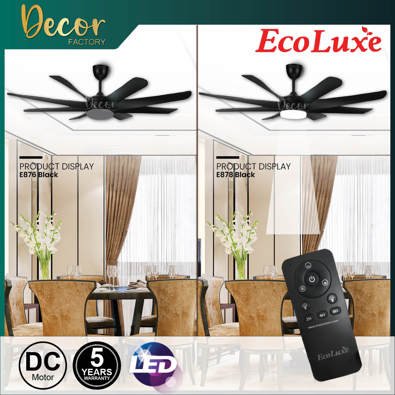 ECOLUXE Fan ECOLUXE E878 E876 60" 8 Blade 6 Speed DC Motor With 3 ...