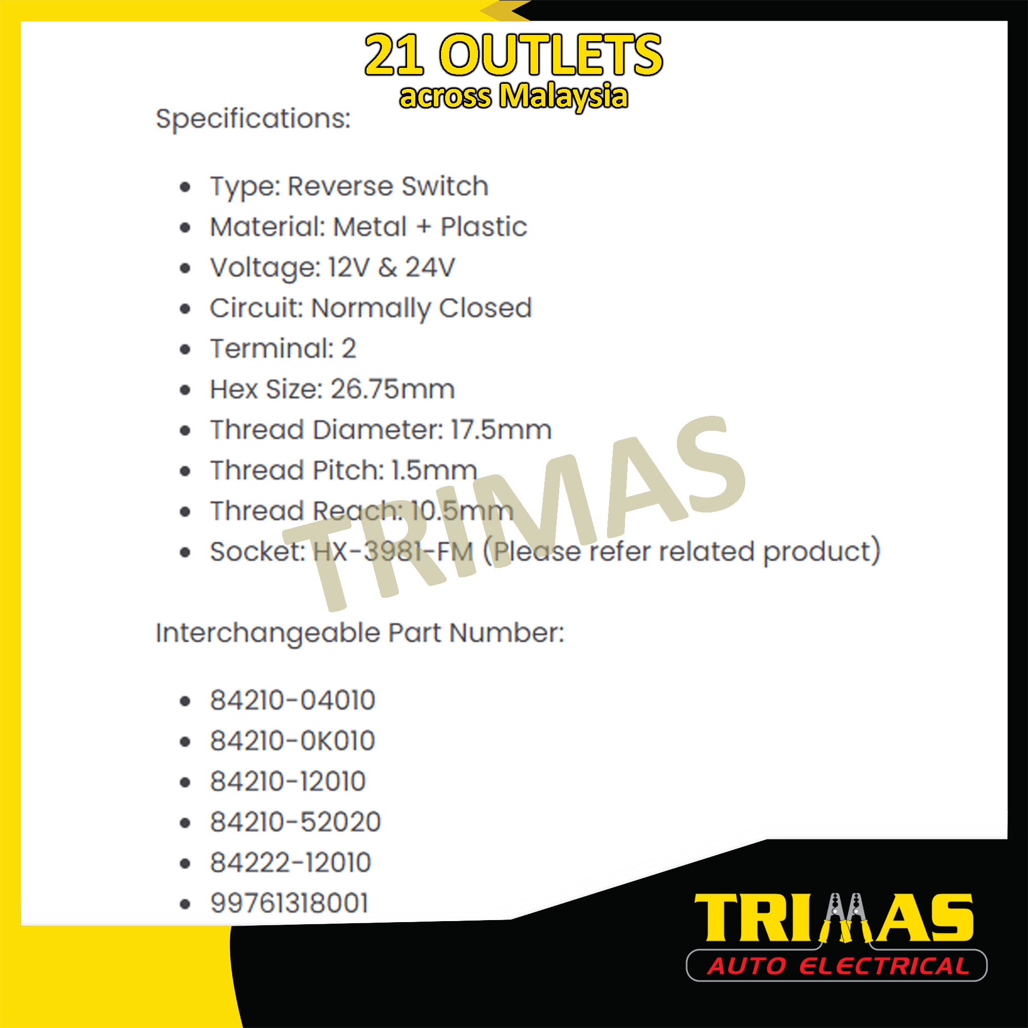 Toyota Hilux KUN25 KUN26 Hiace Innova Unser Reverse Light Switch ...