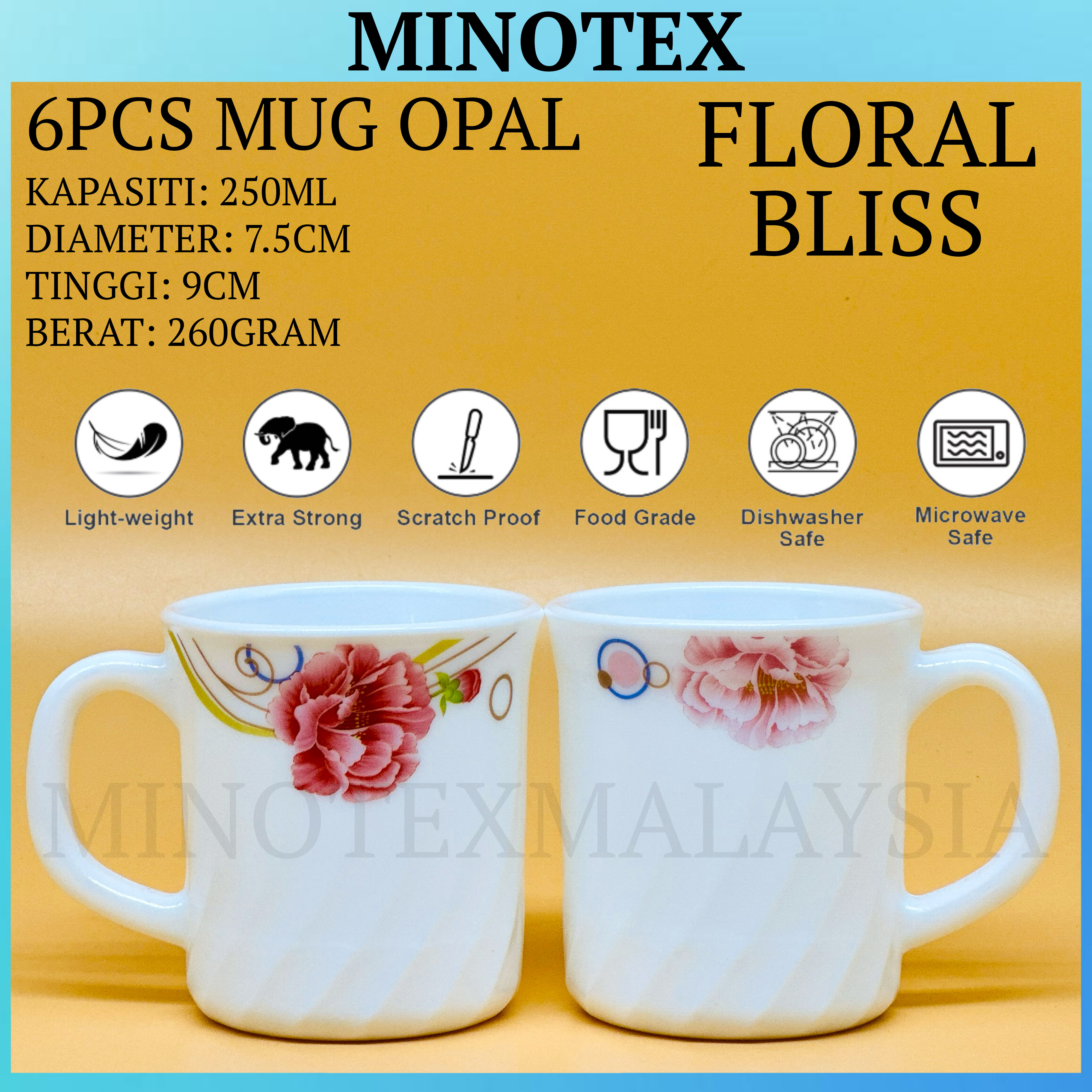 6pcs Gelas Kaca Opal / Cawan Bunga / Cawan Kaca / Set Gelas / Mug Kaca ...