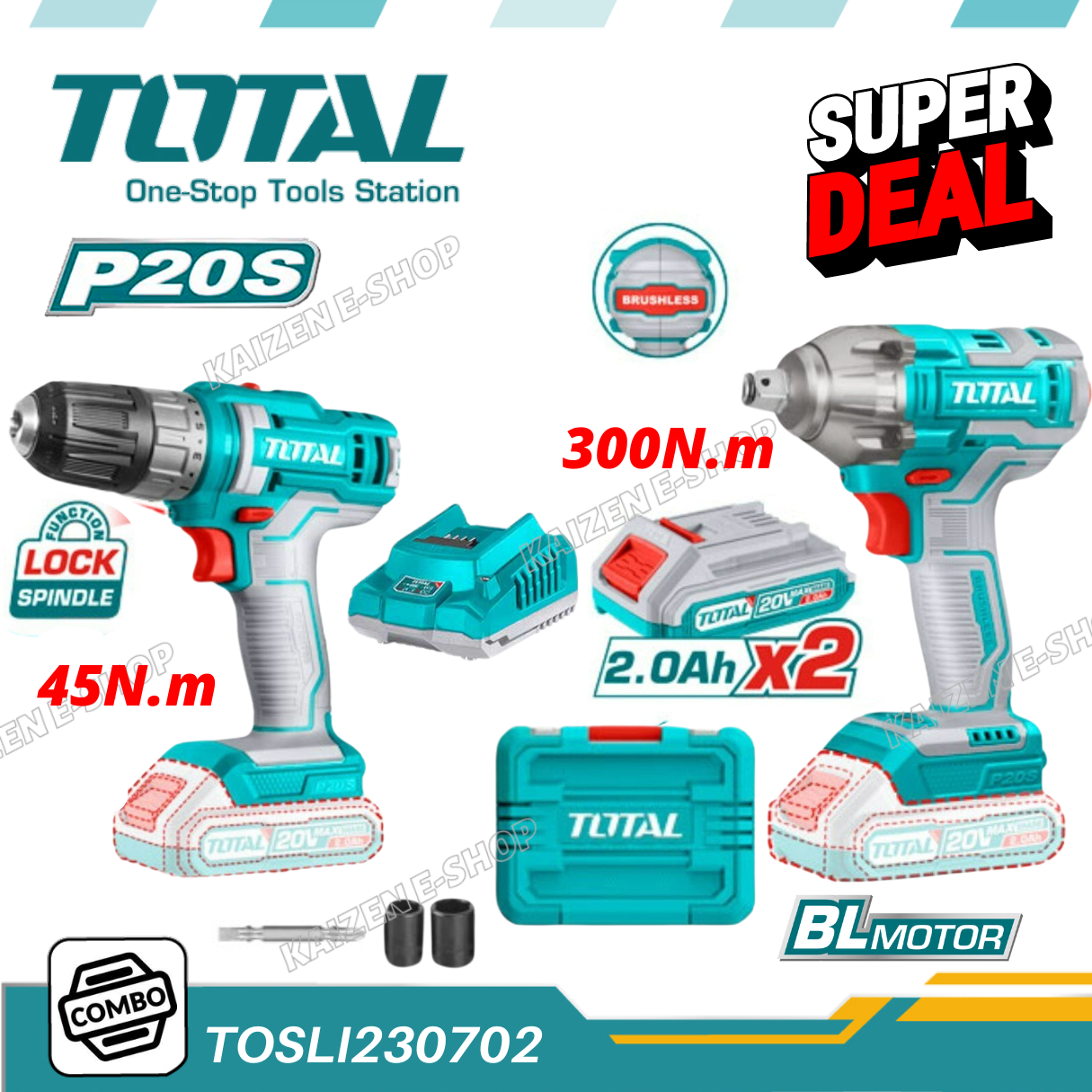 TOTAL TCKLI20271 / TOSLI230702 Li-ion Cordless 2 Pcs Combo Kit - Impact Wrench and Cordless ...