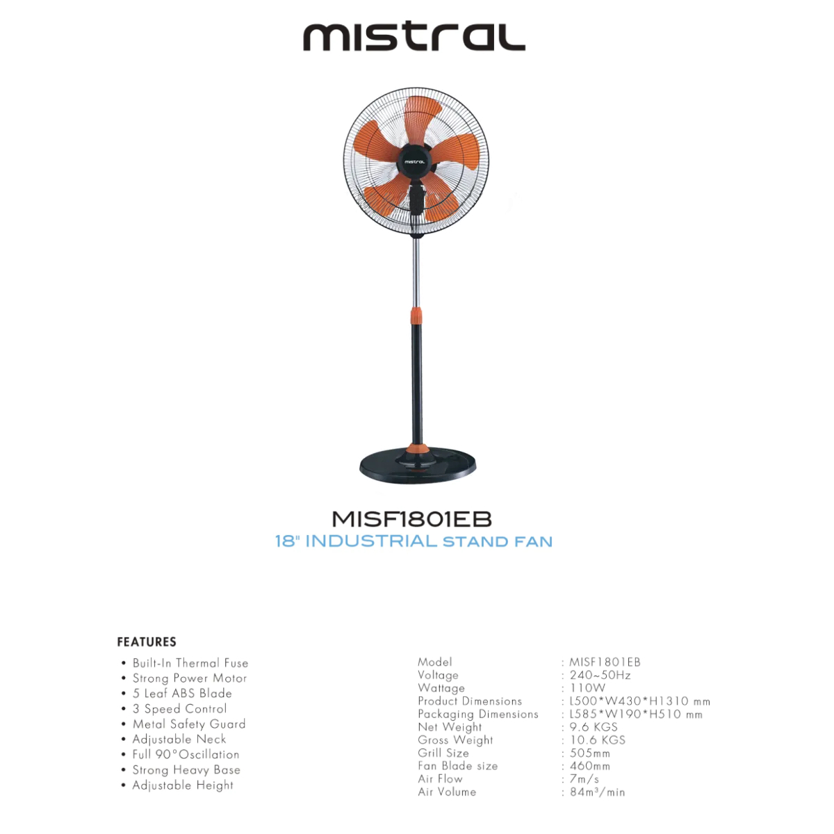 Khind Mistral 18" Industrial Stand Fan with Aluminum Fan Blade ...