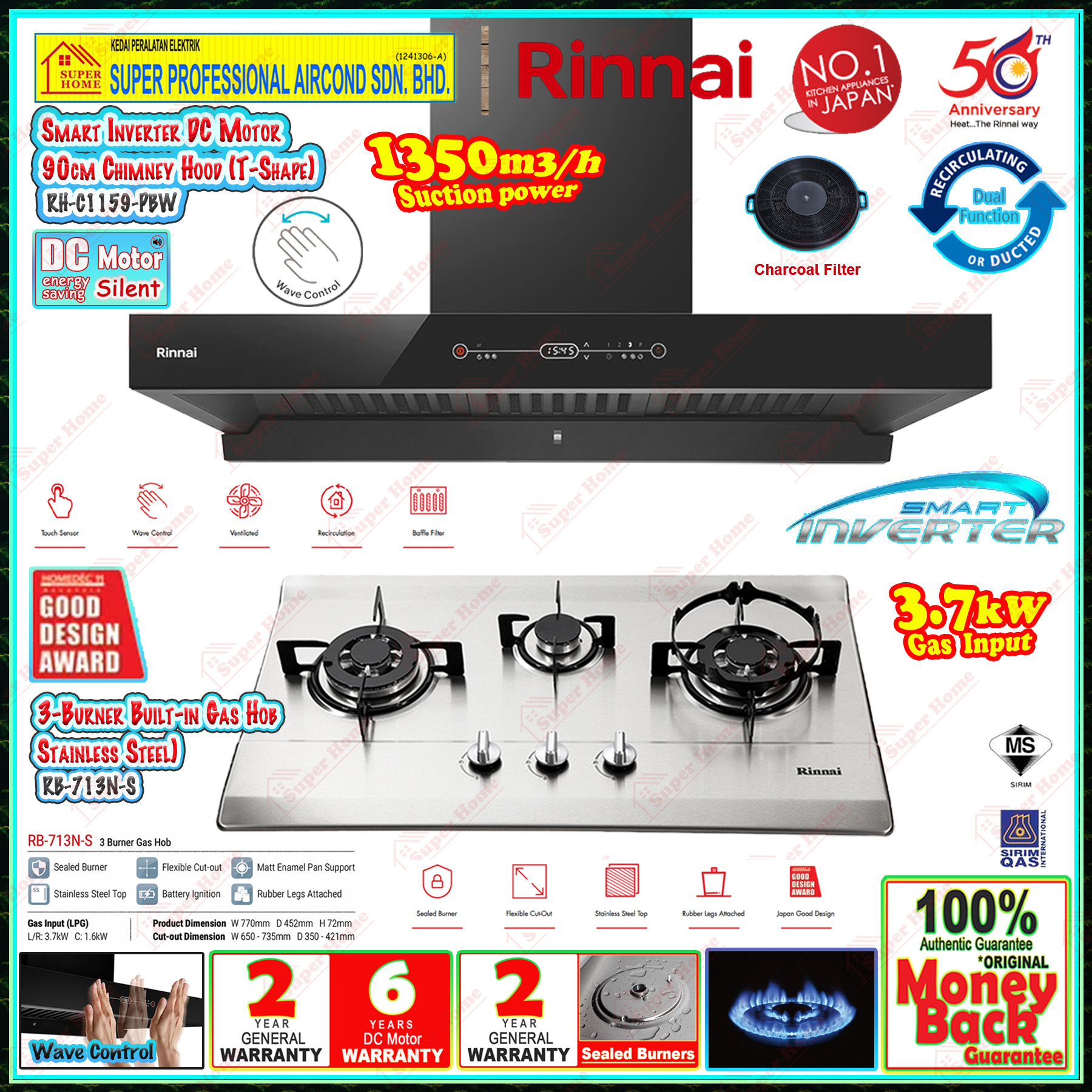 Rinnai Chimney Hood RH-C1159-PBW Cooker Hood / Rinnai Gas Hob RB-713N-S ...