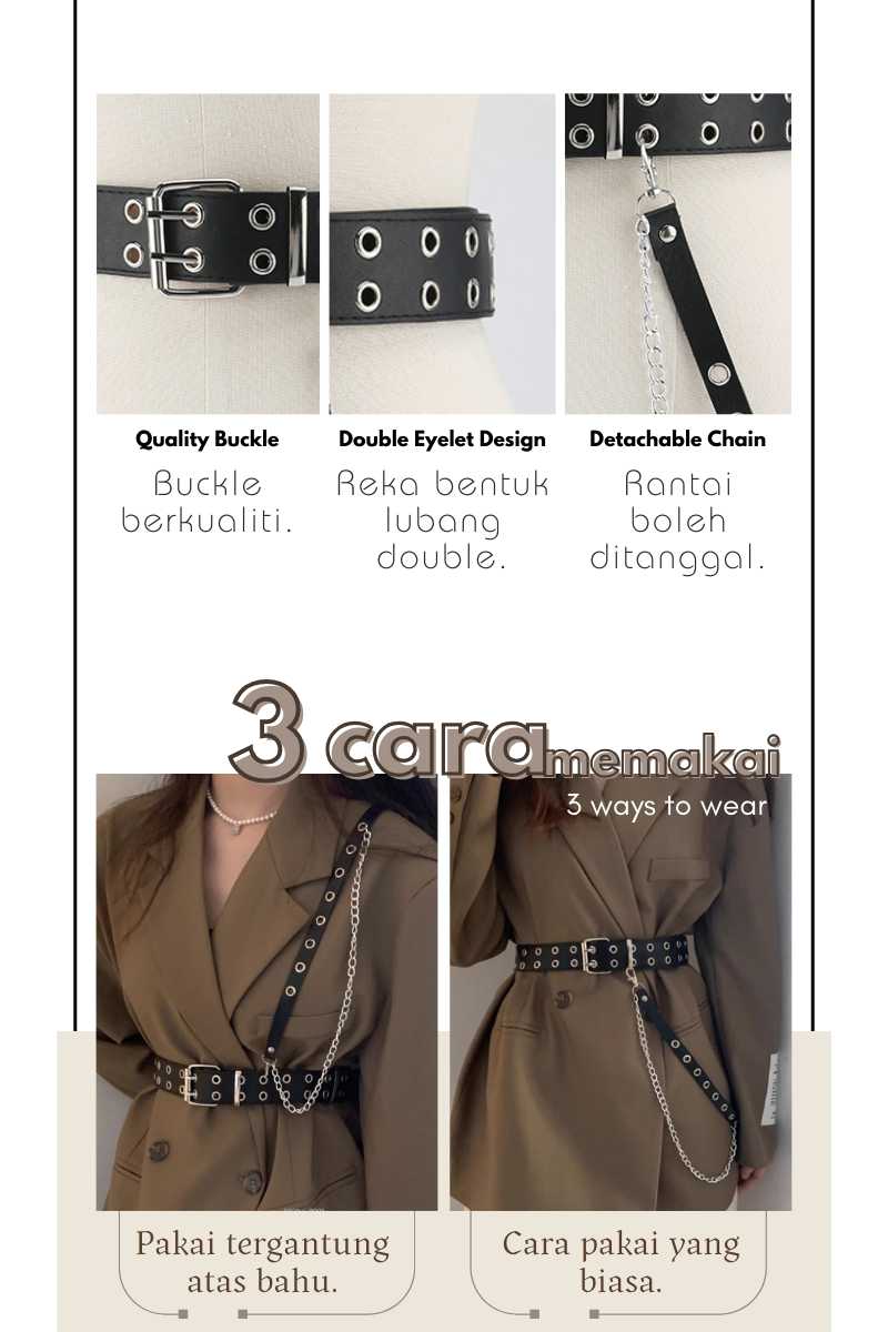 【JW Stylish】Rock Punk Belt With Leather Chain Hip Hop Belt Tali ...