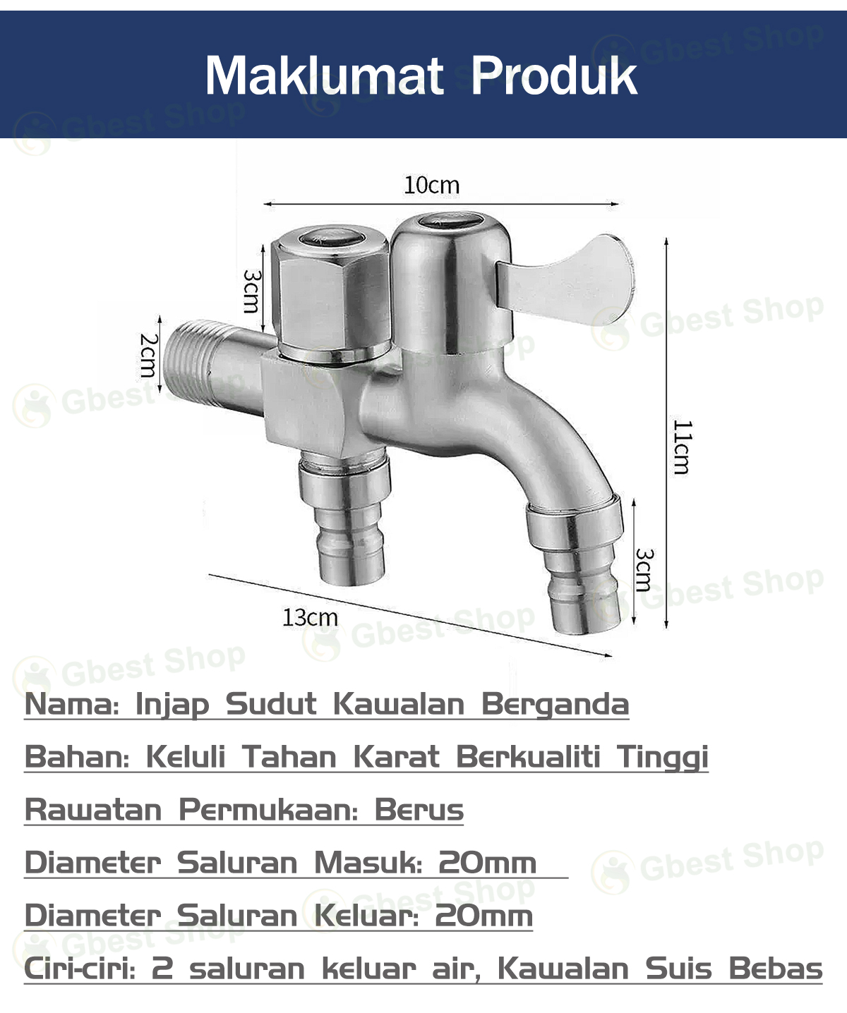 Stainless Steel Two way garden water tap double head Kitchen Bathroom ...