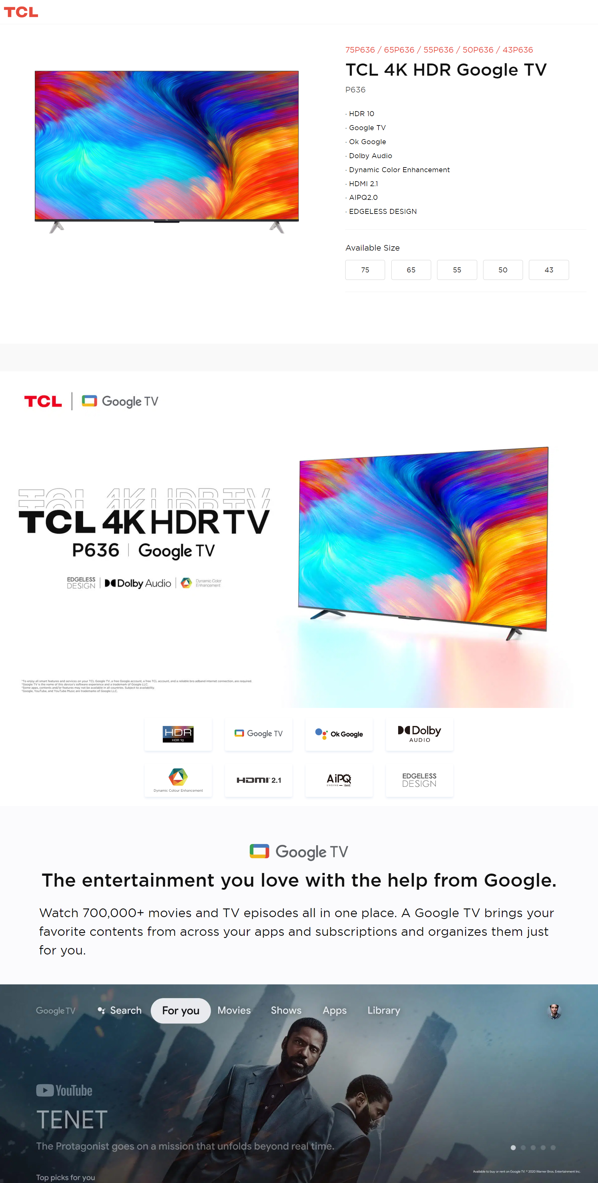TCL P636 65" / 75" 4K HDR Google TV | HDR 10 | Dolby Audio | Edgeless ...