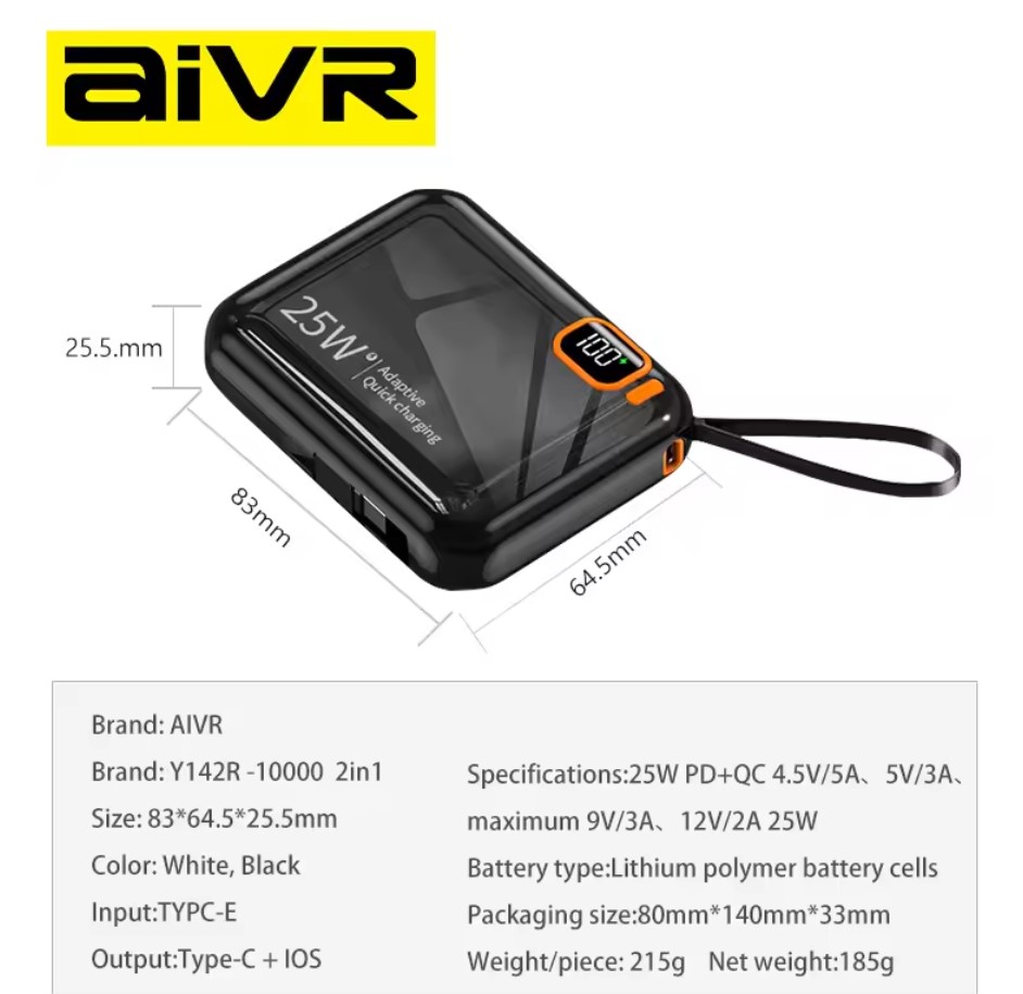 AiVR Y142 LED Display Power Bank Portable Fast Charging 10000mAh Mobile Charger with Cable ...