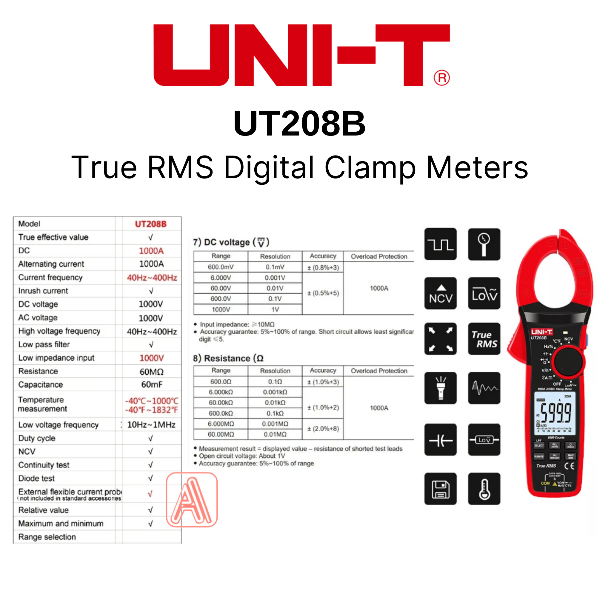 UNI-T UT208B 1000A AC DC True RMS CAT III 1000V/CAT IV 600V Digital ...