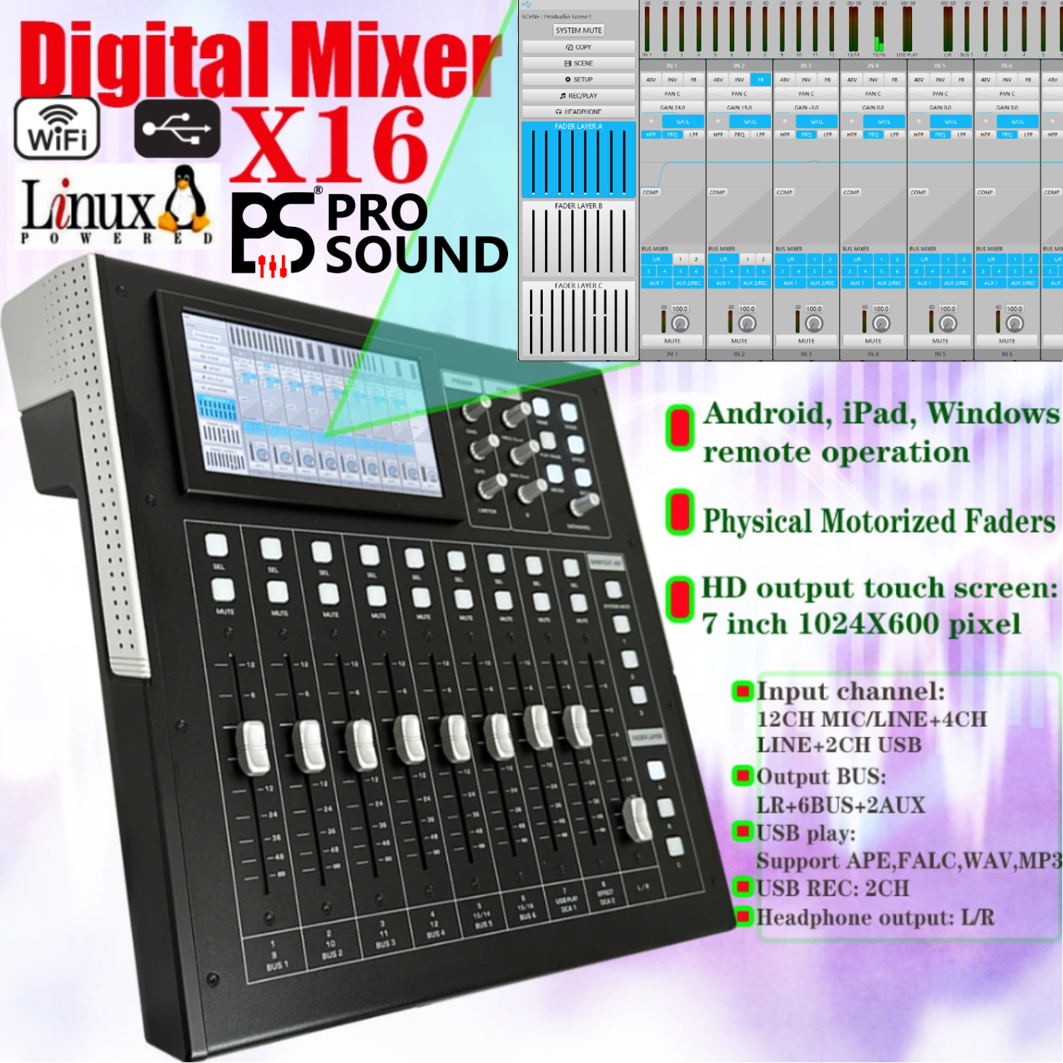 PS Pro Sound X16 16ch Digital Mixer Console with Touch Screen, DSP Echo ...