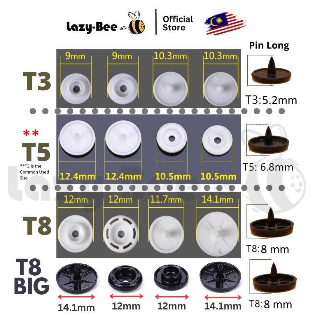 LAZY BEE Transparent Clear 50 Set 200 pcs T3 T5 T8 KAM Snap Button Plastic Buttons KAM Butang ...
