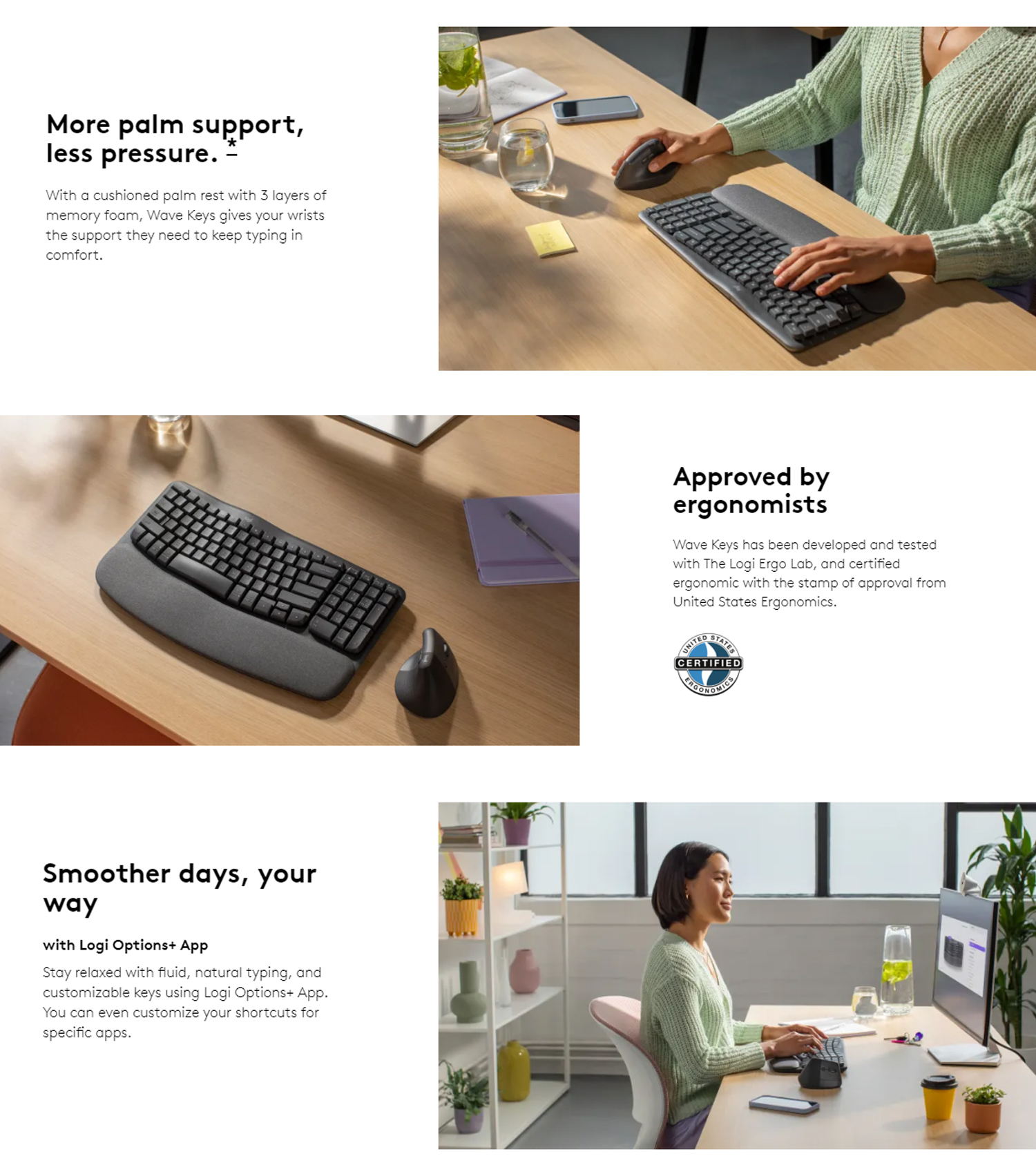 Logitech Wave Keys Wireless Ergonomic Keyboard with Cushioned Palm Rest ...
