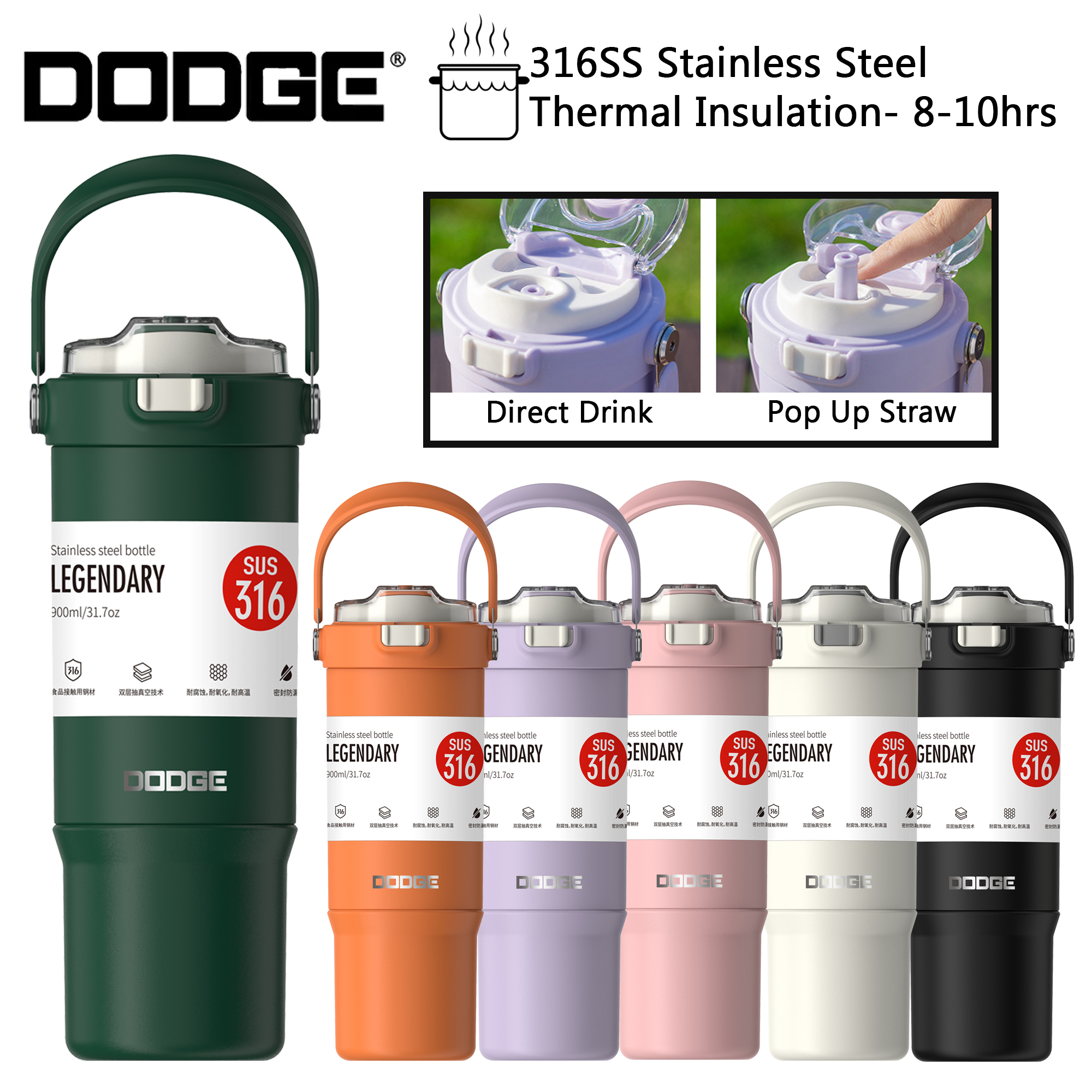 Cille Dodge 660ml/770ml/900ml Handheld Car Holder 316SS Stainless Steel Vacuum Flask Thermos ...