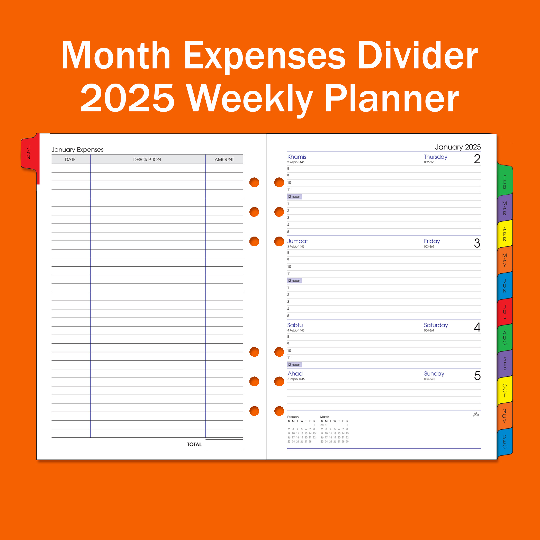 2025 Diary Planner A5 PU Organizer 6 O Ring Binder Loose Leaf Monthly ...