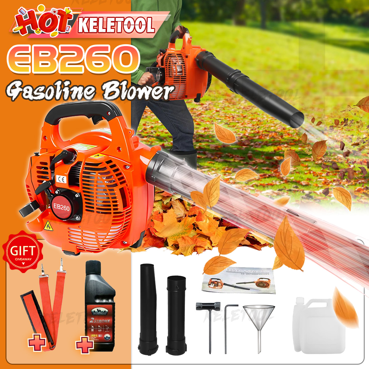 KELETOOL Portable Gasoline Petrol Blower EB260 2-Stroke Gas Leaf Blower Angin Daun Hand Air ...