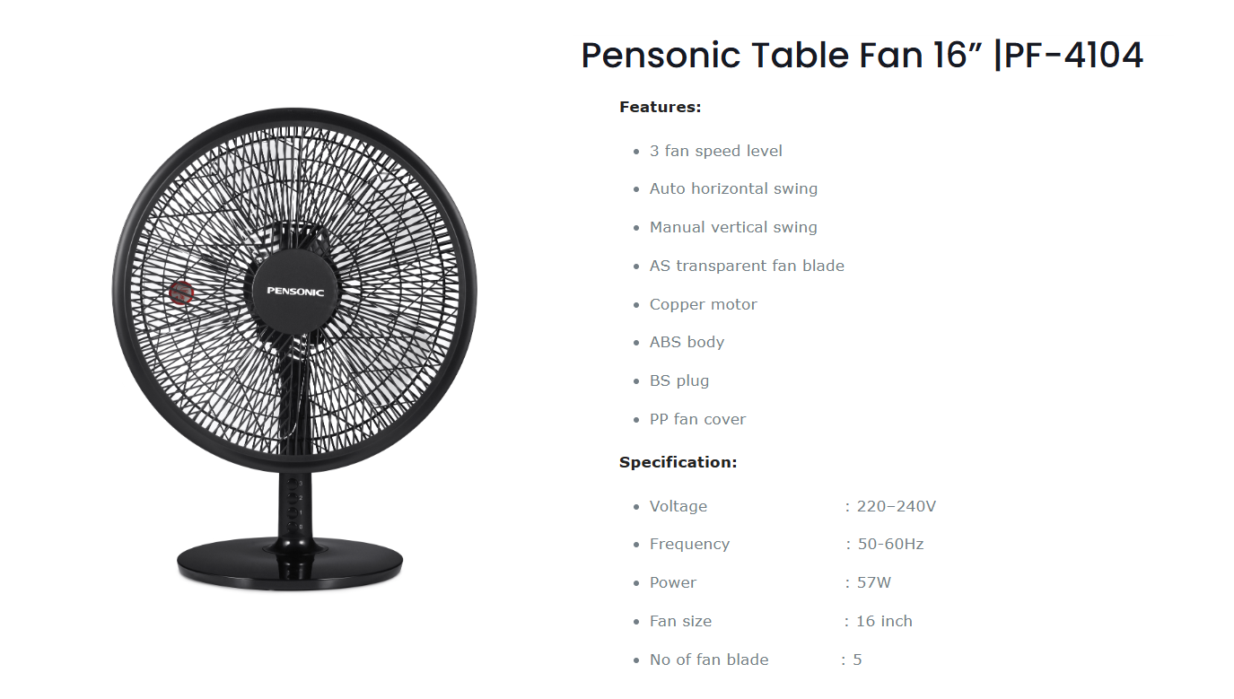 NEW DESIGN Pensonic Table Fan 16 Inch Desk Fan Kipas Meja 16" PF-4104 ...