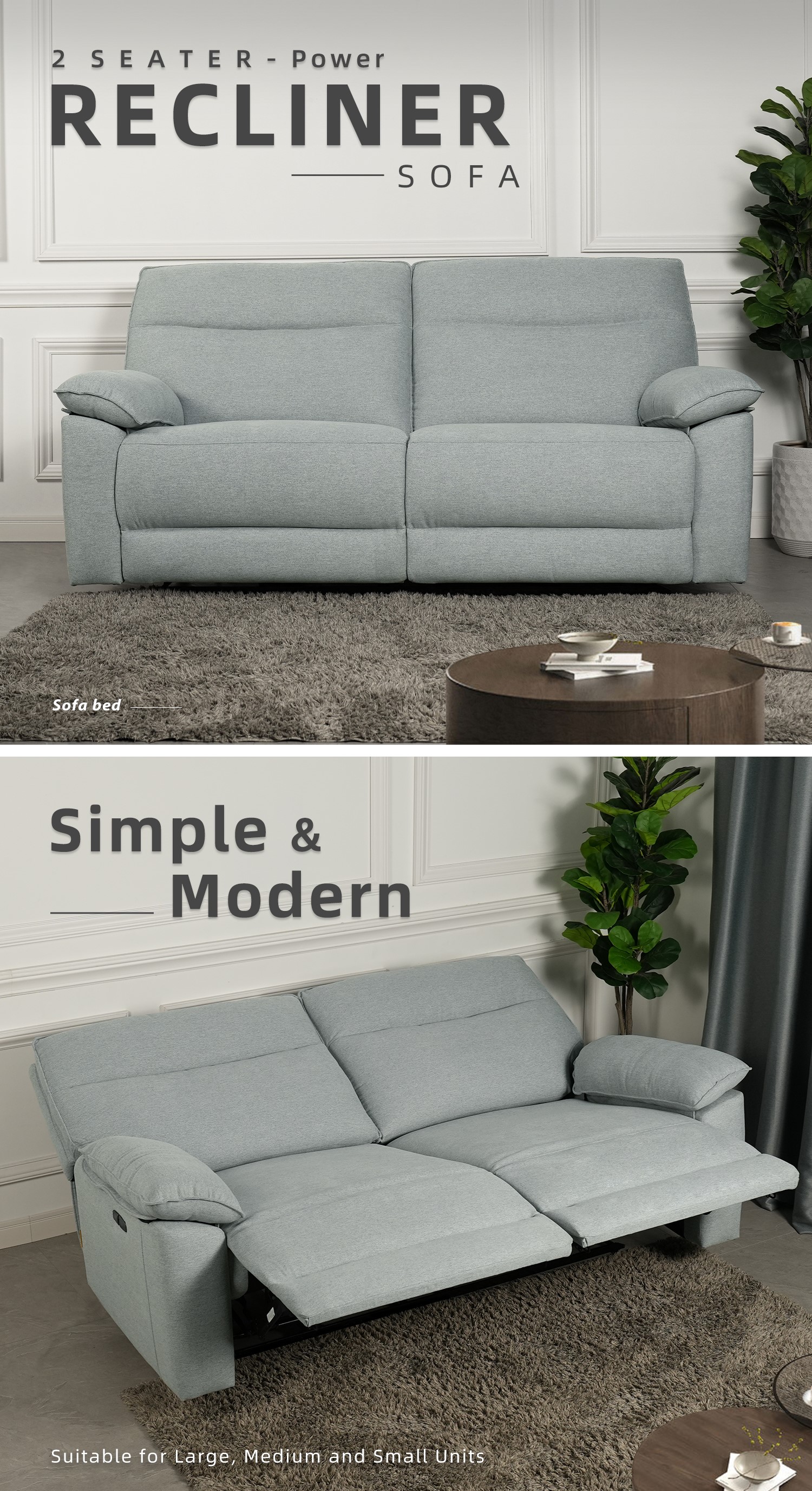 KitchenZ 2 Seater Linen Fabric Power Recliner Sofa Electrical Recliner ...