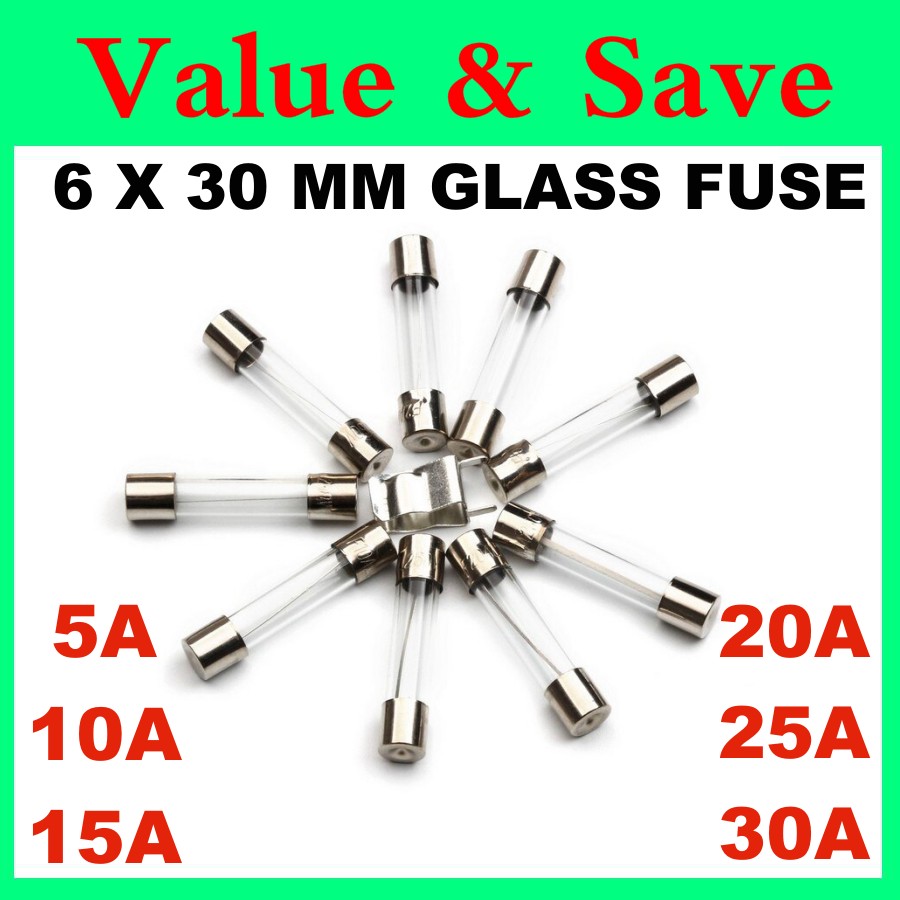 100pcs Glass Fuse Fius Kaca 5A 10A 15A 20A 25A 30A Glass Tube 12V 6mm x 30mm 12V Car Glass Fuses ...