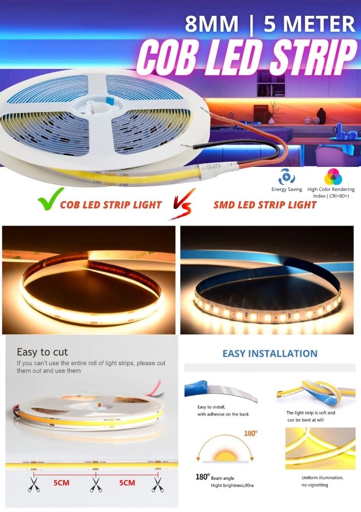 5M DC 24V COB LED Strip Light Flexible High Density 320D Narrow Sign Light Colorful Rainbow ...