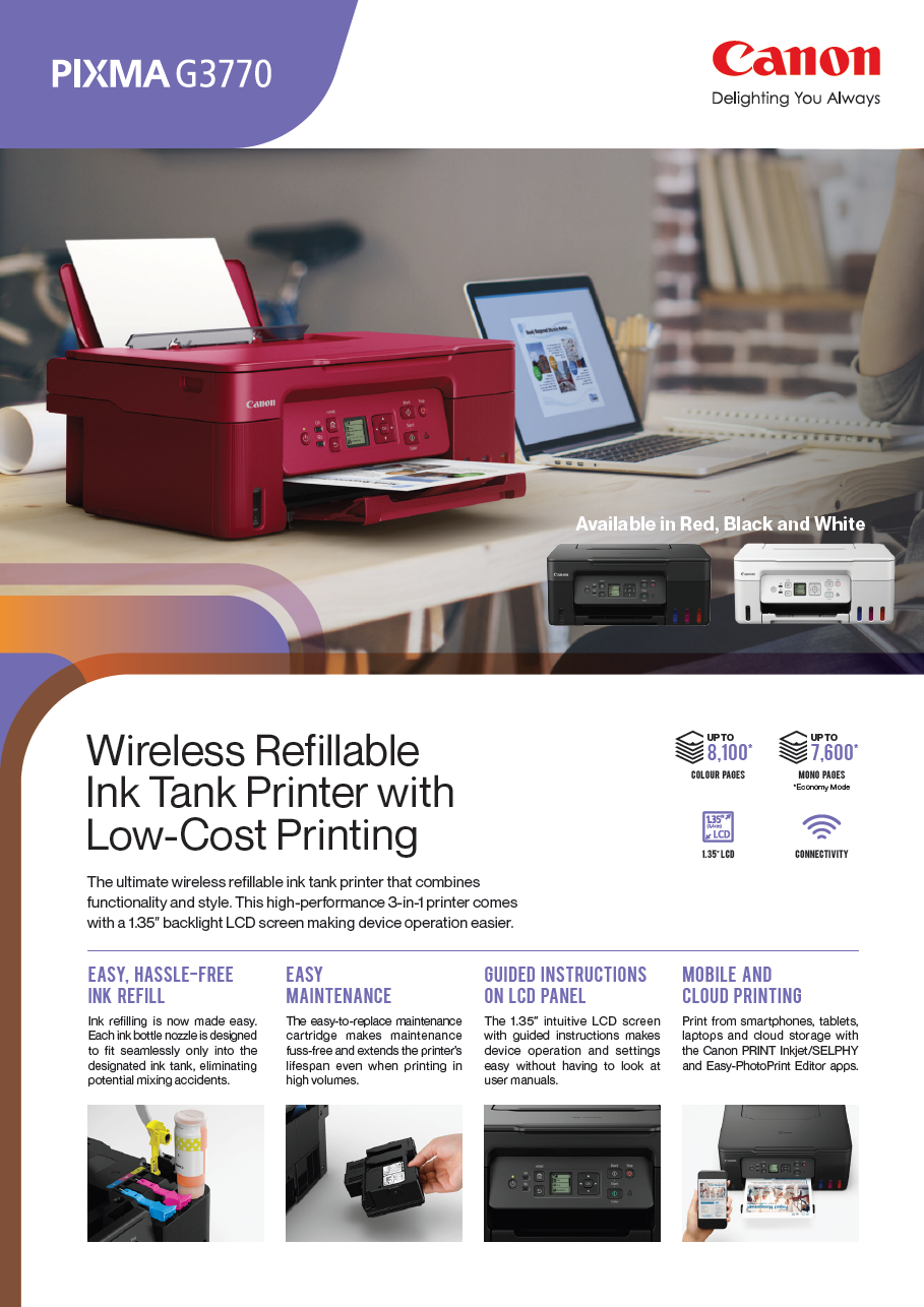 Canon PIXMA G3770 (Print, Scan, Copy, WiFi) G 3770 Refillable Ink Tank ...