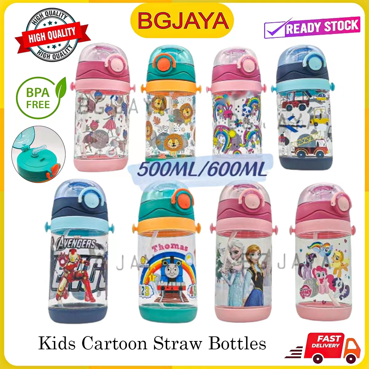 500ml/600ml Kids Water Bottle BPA Free with Straw Botol Air Kanak ...