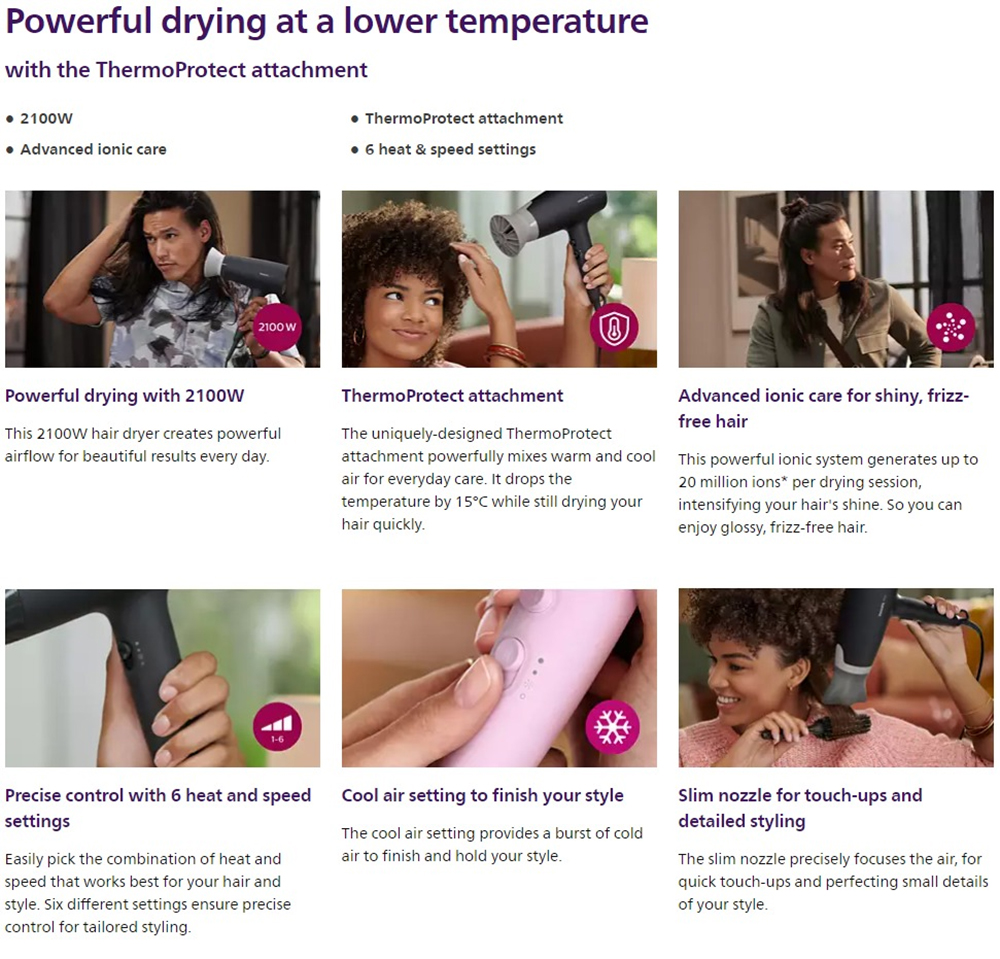 Philips BHD351 2100W Series 3000 ThermoProtect Attachment Hair Dryer | ESH | Shopee Malaysia