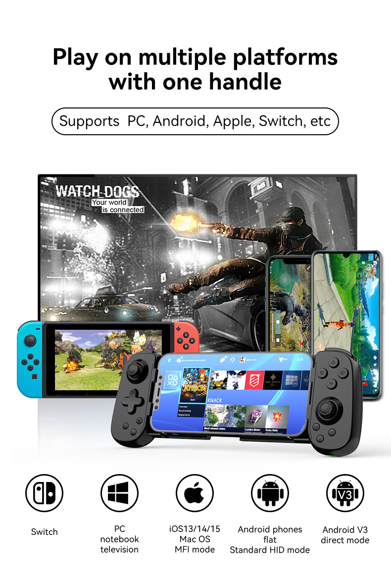 D6 Bluetooth Wireless Stretching Extendable Gaming Controller Gamepad Vibration Joystick Pad For