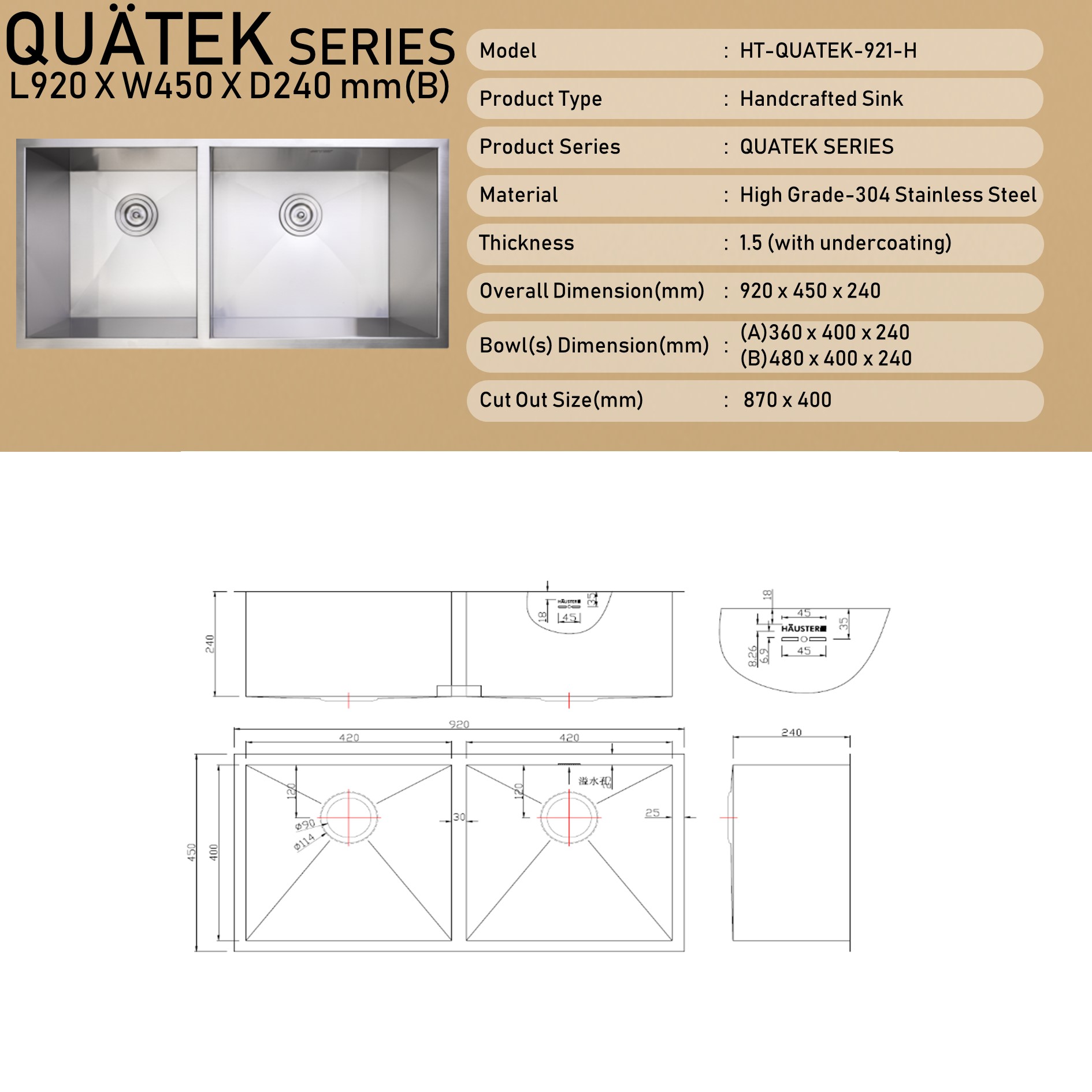 HAUSTERN QUATEK SERIES SUS 304 Stainlees Steel Undermount Kitchen Sink Sinki Dapur ITTO/BANOVA ...