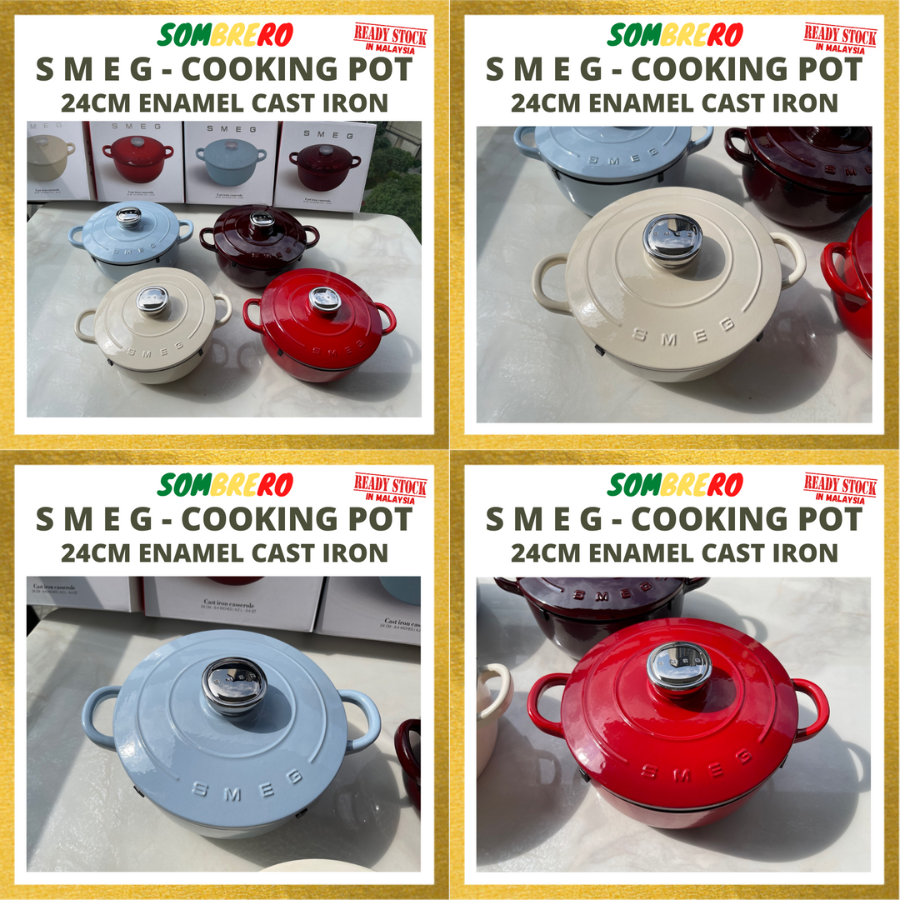 SMEG Cooking Pot Stew Pot Enamel Coating Cast Iron Casserole Dish 24cm ...
