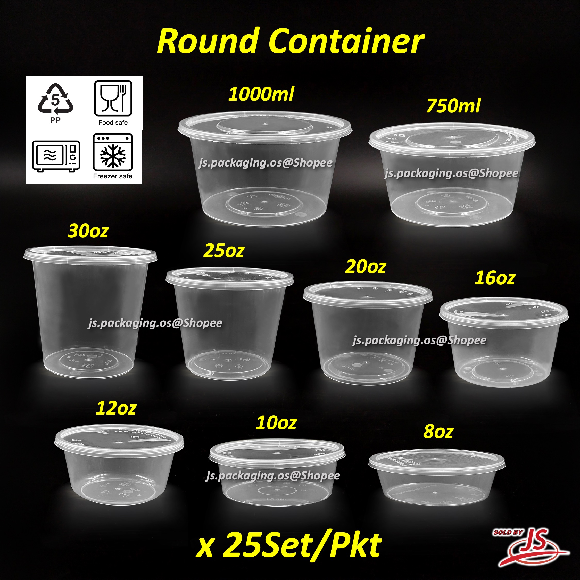 Round Container with Lid 25set Bekas Makanan Bulat 8oz/10oz/12oz/16oz ...