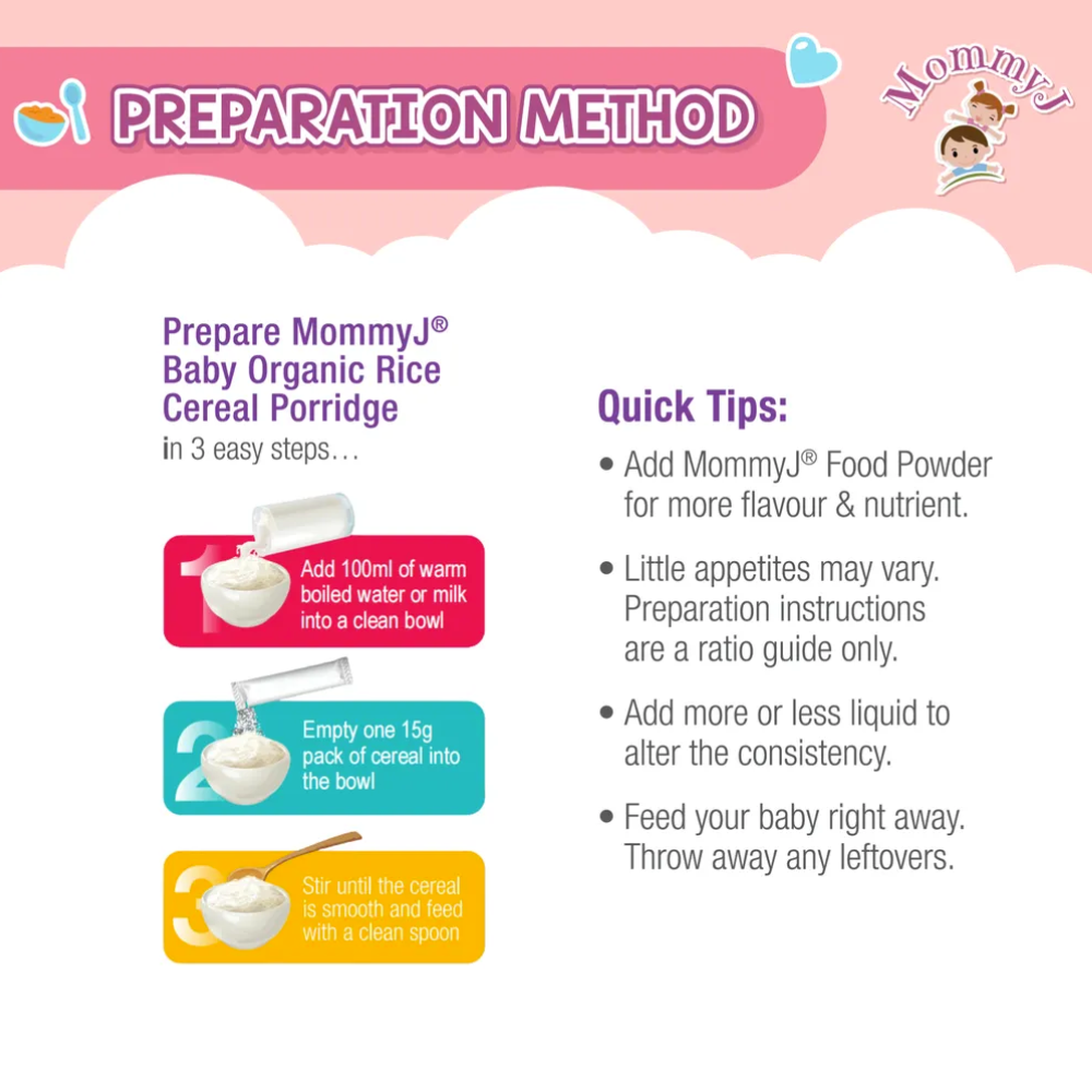MommyJ Organic Rice Cereal Japonica (6M+) 3Grains (9M+) 8 Sachets 宝宝有机米糊 Baby Rice Cereal ...