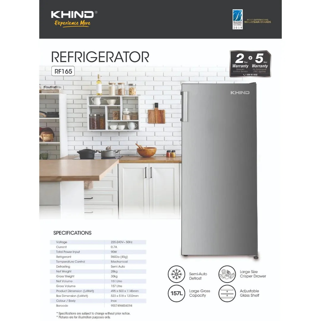 [Combo] Khind Single Door Refrigerator (157L) RF165 + 8KG Fully Auto ...