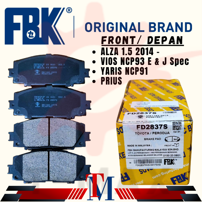 FBK Brake Pad Front - Perodua Alza 2014-/ Vios 2008" NCP93 E & J SPEC ...