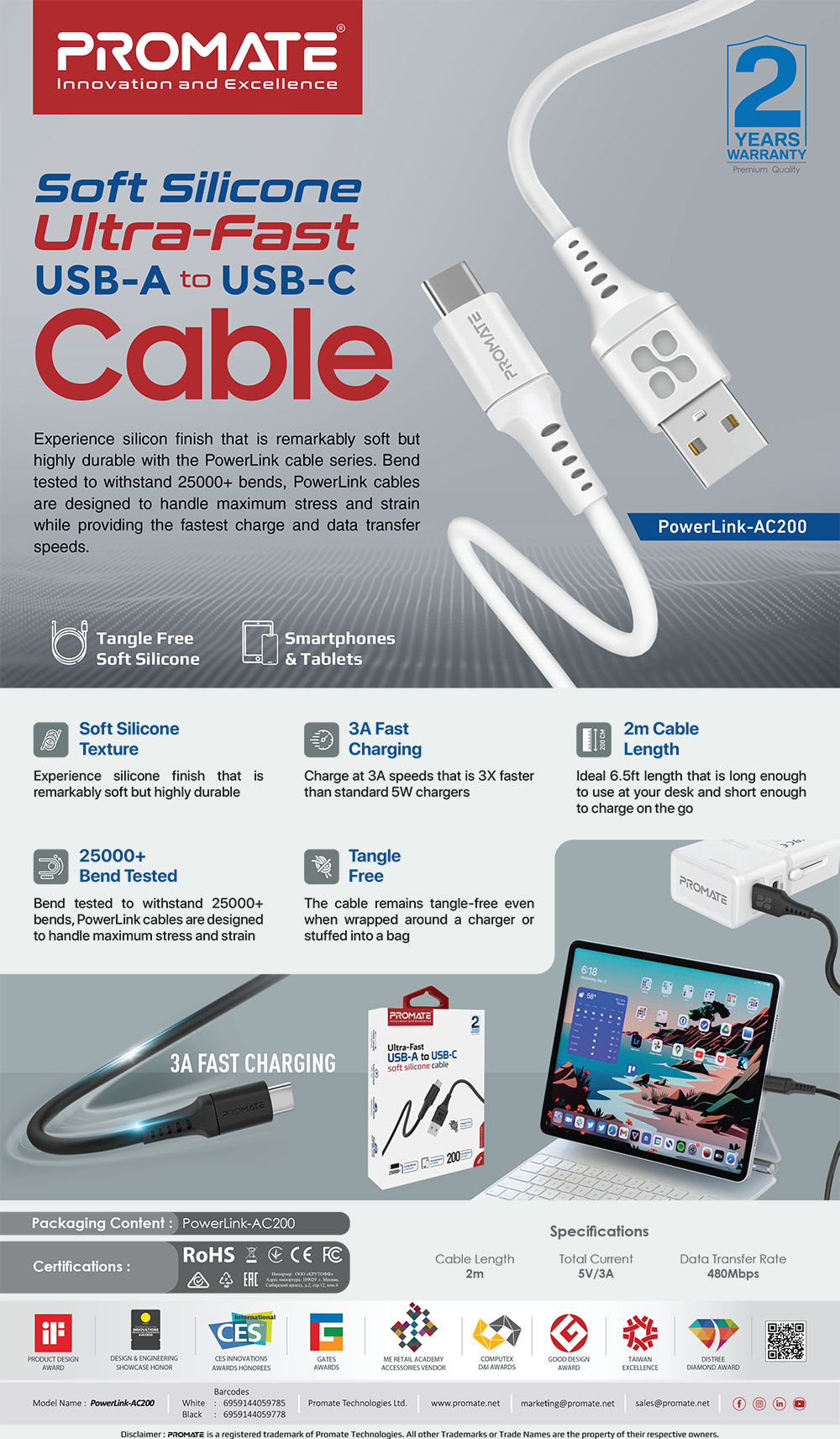 Promate 200cm USB to USB-C Cable with Anti Tangle Silicone Wir 3A Charge and 480 Mbps Data Sync ...