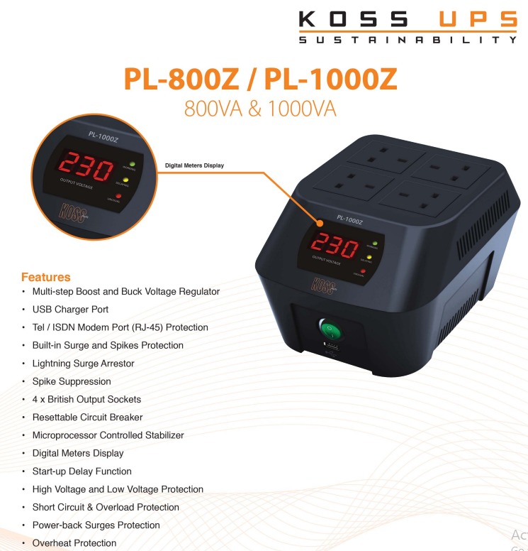 KOSS PL-800Z PL-1000Z 800VA 1000VA AVR Voltage Regulator USB RJ45 Surge ...