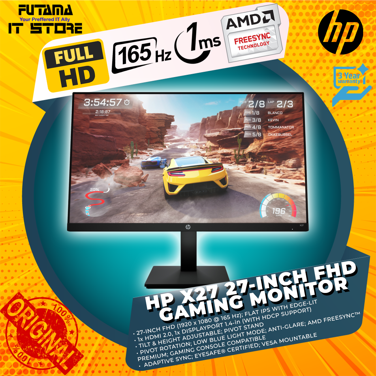 HP X27 Gaming IPS Monitor - 27-inch FHD (1920 x 1080@165Hz 1ms)/AMD ...