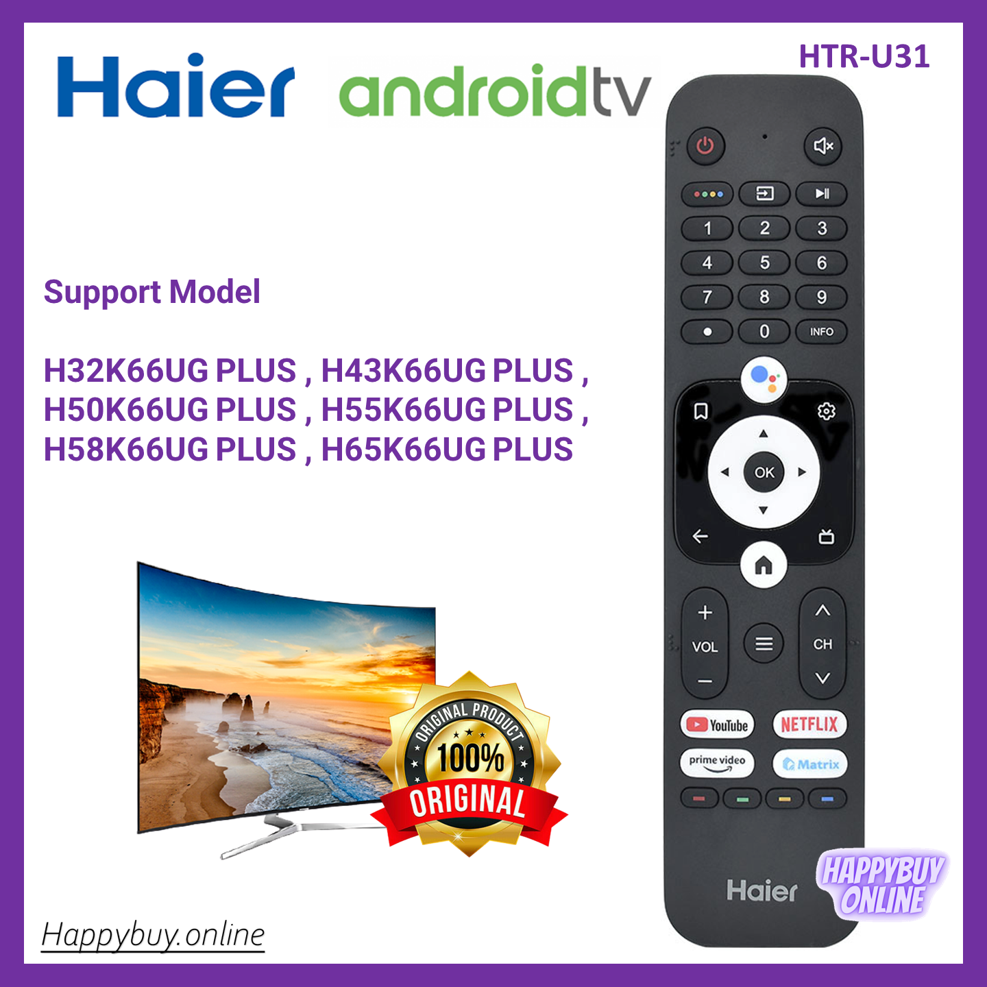 Haier Android Smart UHD TV Remote Control HTR-U31 Haier Original Smart ...