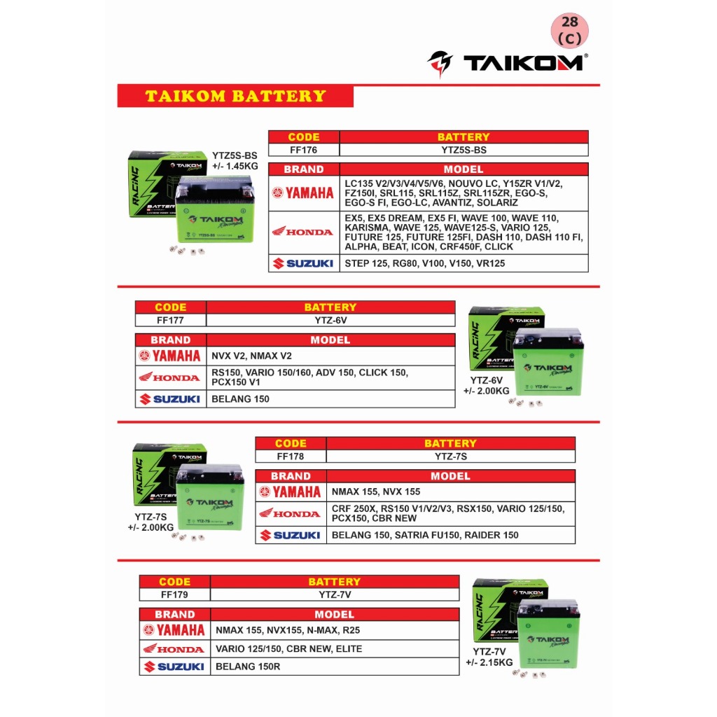 Taikom Racing Battery YTZ7V YTZ-7V Batteries Motorcycle NVX NMAX V1 ...